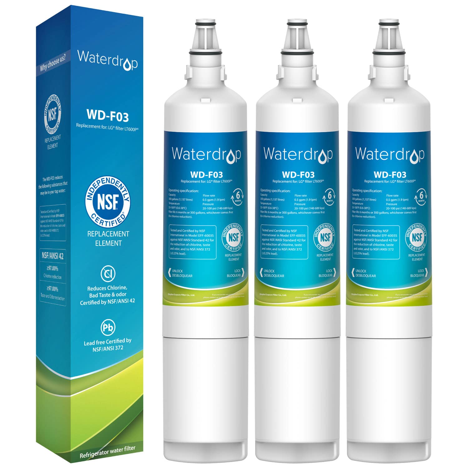 Waterdrop 5231JA2006A Replacement for LG® LT600P® Refrigerator Water Filter, fml-2, KENMORECLEAR® 46-9990, KENMORE® 9990, 5231JA2006B, RWF1000A, LFX25960ST, LSC27931ST, 3 Filters