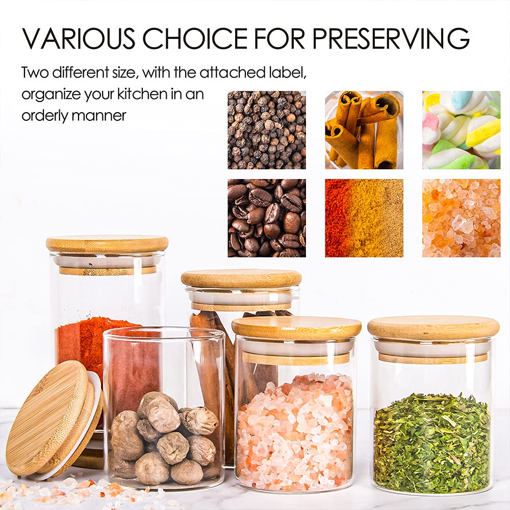 YANGNAY 20 Pack Glass Jars with Bamboo Lids, Spice Tea Herb Storage Containers, Stackable, 2 Size (6 oz, 8 oz)