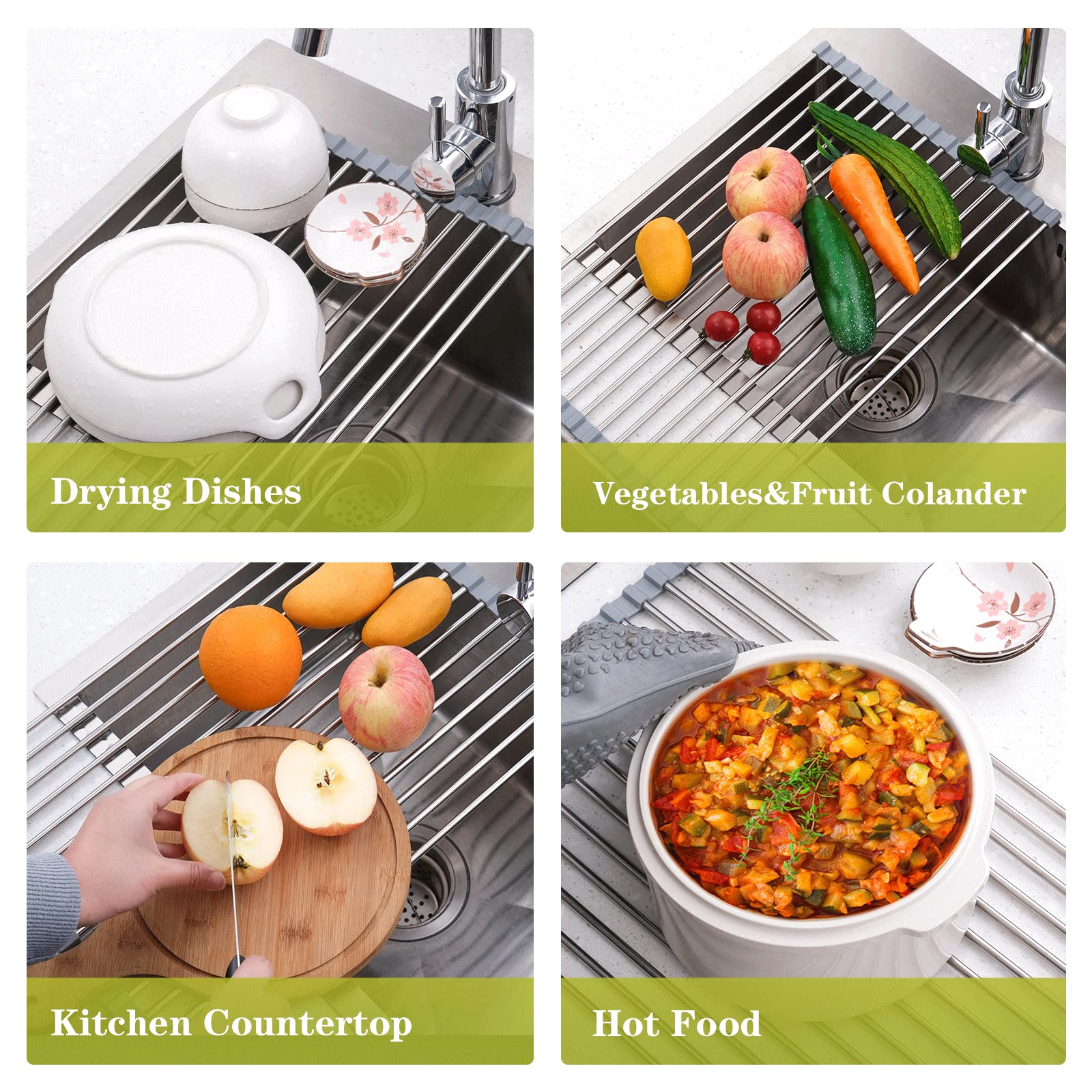 HIGEEK Roll Up Dish Drying Rack Over The Sink Dish Rack Kitchen Rolling Dish Drainer Over Sink, Foldable Sink Rack Mat Stainless Steel Wire Dish Drying Rack for Kitchen Sink Counter (17.5''x11.8'')