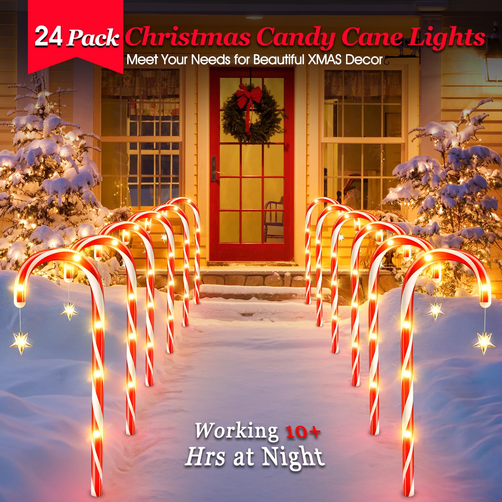 BONLION 24 Pack Christmas Lights Outdoor, 56.5ft Long Solar Candy Cane Lights 8 Modes Christmas Decorations Outside with 144 LED & Bright Star, Waterproof Yard Pathway Outdoor Christmas Decorations