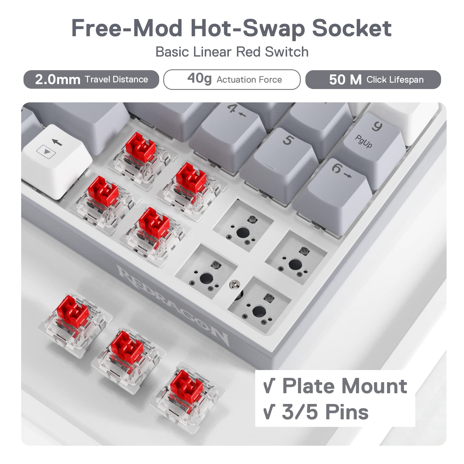 Redragon K628 Pollux 75% Wired RGB Gaming Keyboard, 78 Keys Compact Mechanical Keyboard w/100% Hot-Swap Socket, Free-Mod Plate Mounted PCB & Dedicated Arrow Keys, Quiet Red Switch