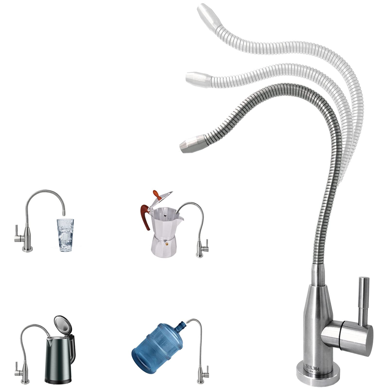 Drinking Water Faucet with Flexible Gooseneck, 360 Degree Rotatable Water Filter Faucet, Kitchen Bar Sink Faucet Lead-Free Cold Water Faucet - Brushed Finish Stainless Steel