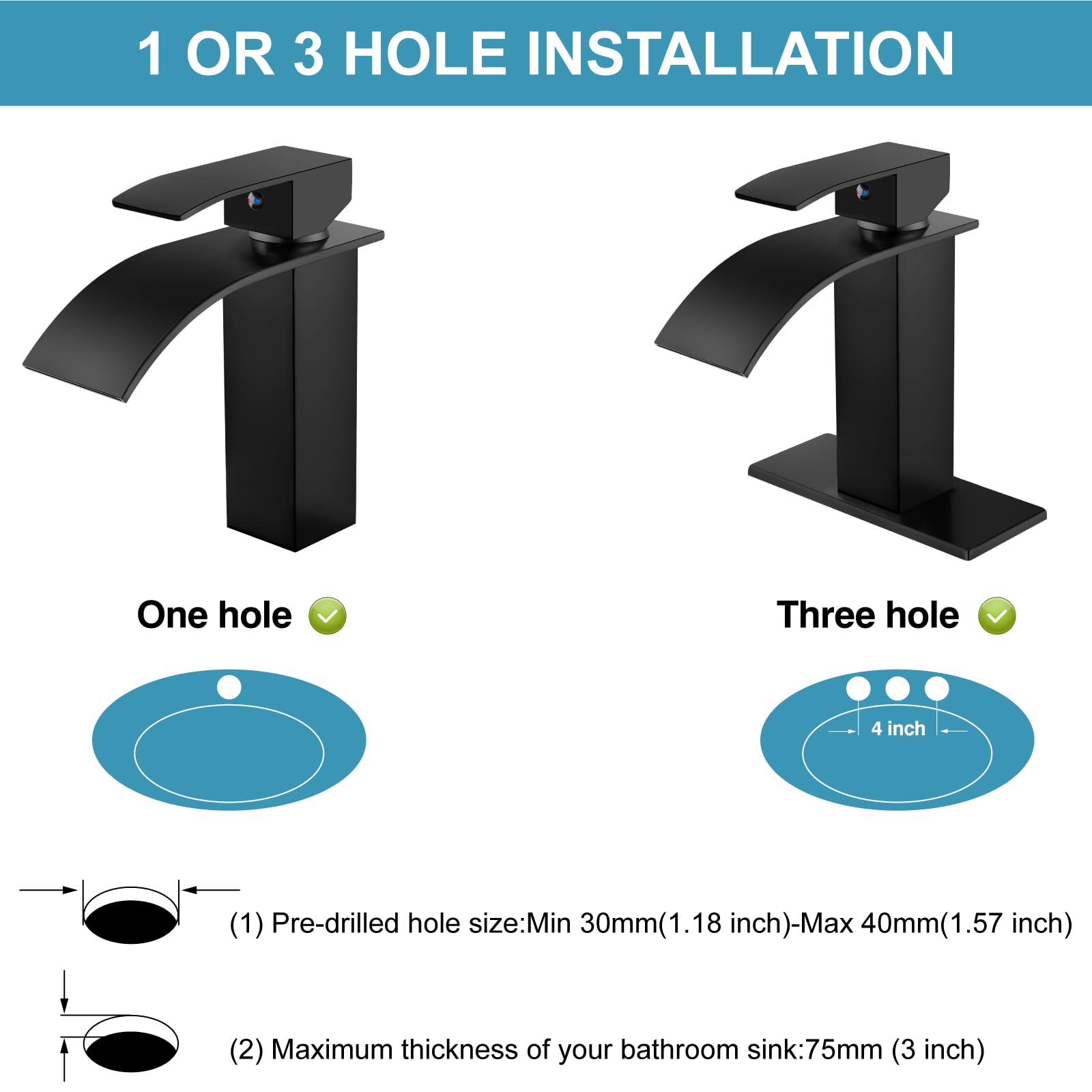 Midanya Waterfall Spout Bathroom Faucet Single Handle 1 Hole Bathroom Sink Faucet,Modern RV Lavatory Vanity Basin Faucet with 6 Inch Deck Plate for 1 or 3 Hole and Water Hose,Matte Black