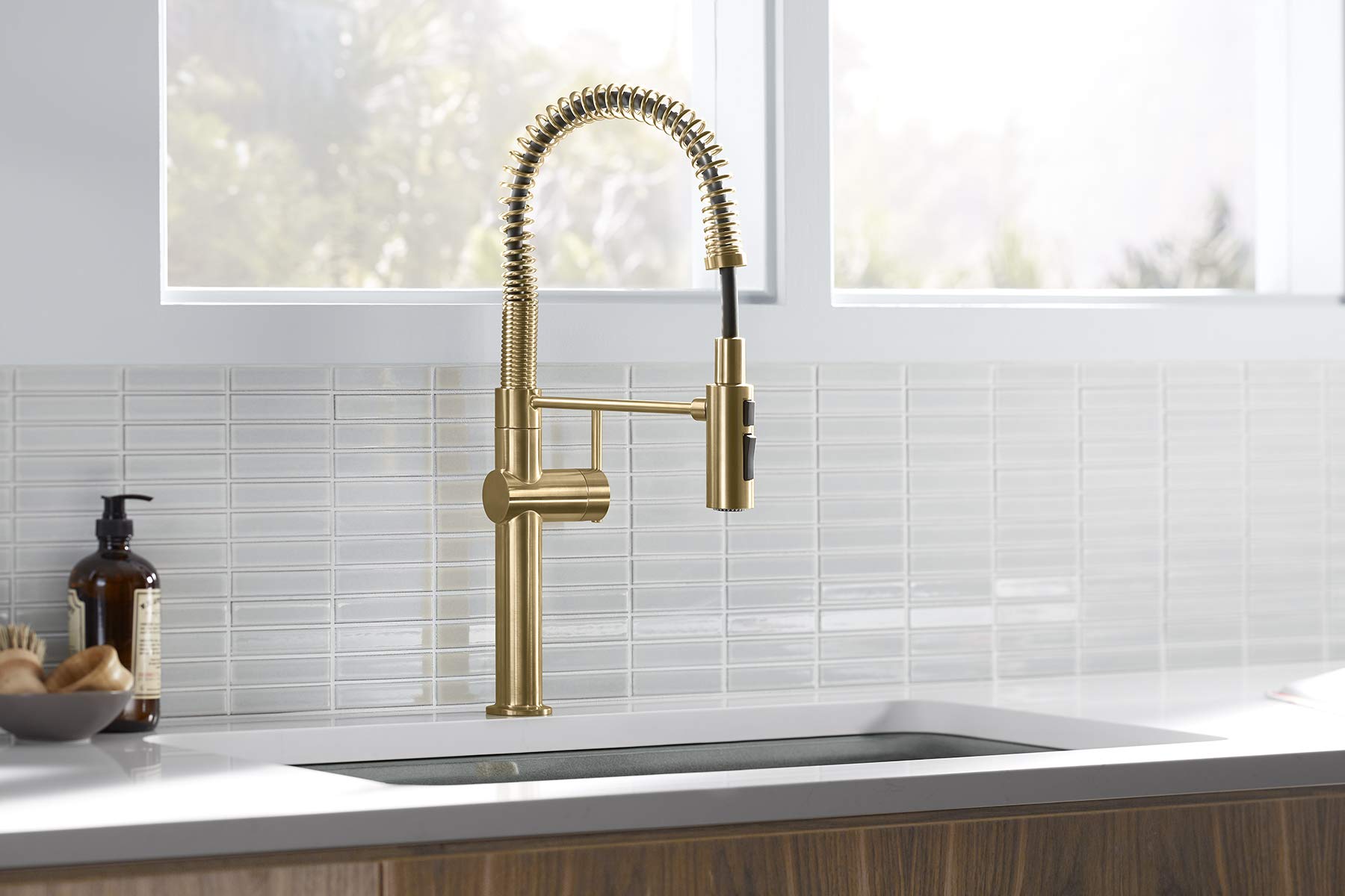 KOHLER 22973-2MB Crue High-Arc Kitchen Faucet with Pull Down Spring Spout, Professional Pre-Rinse Kitchen Faucet, Commercial Faucet, Vibrant Brushed Moderne Brass