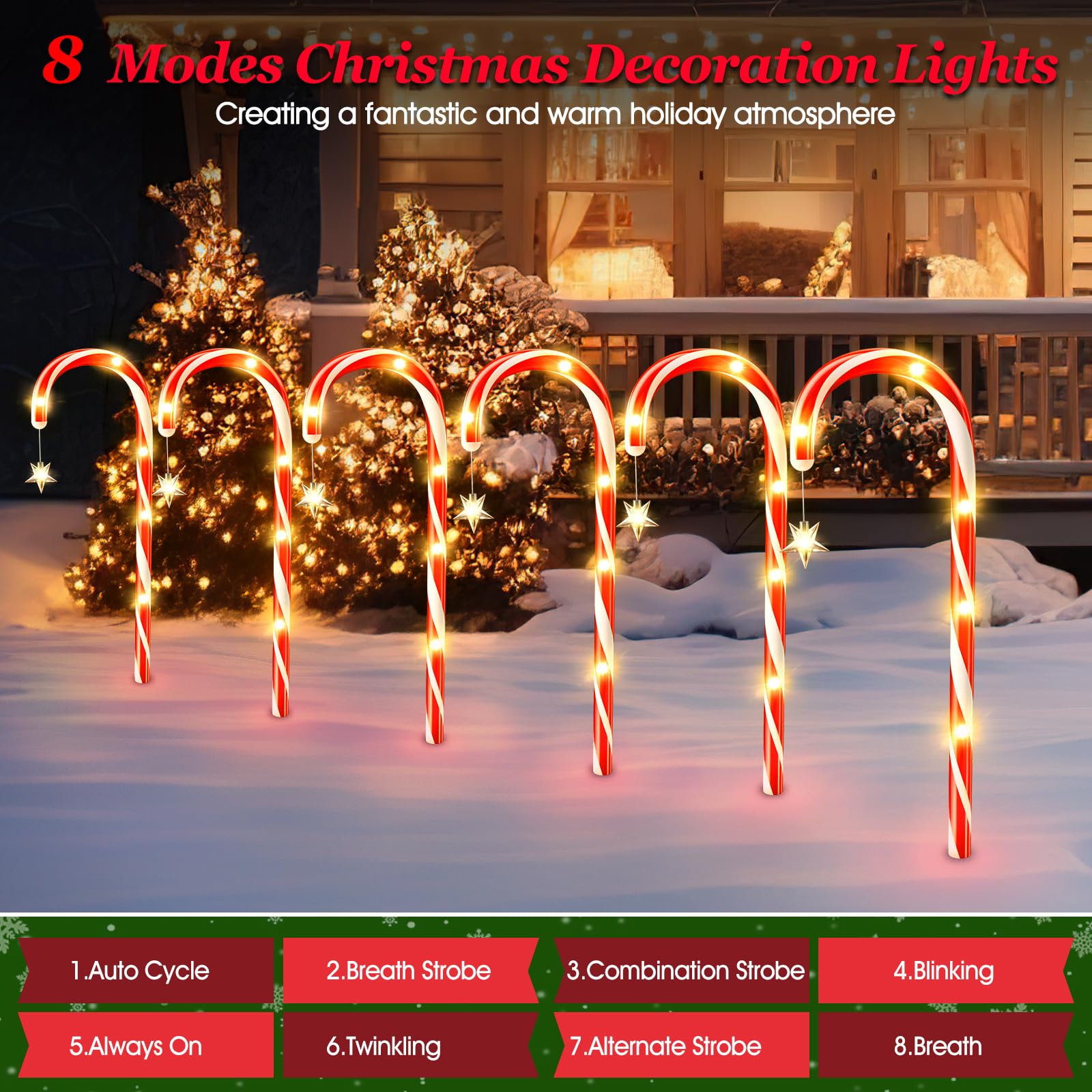 BONLION 24 Pack Christmas Lights Outdoor, 56.5ft Long Solar Candy Cane Lights 8 Modes Christmas Decorations Outside with 144 LED & Bright Star, Waterproof Yard Pathway Outdoor Christmas Decorations