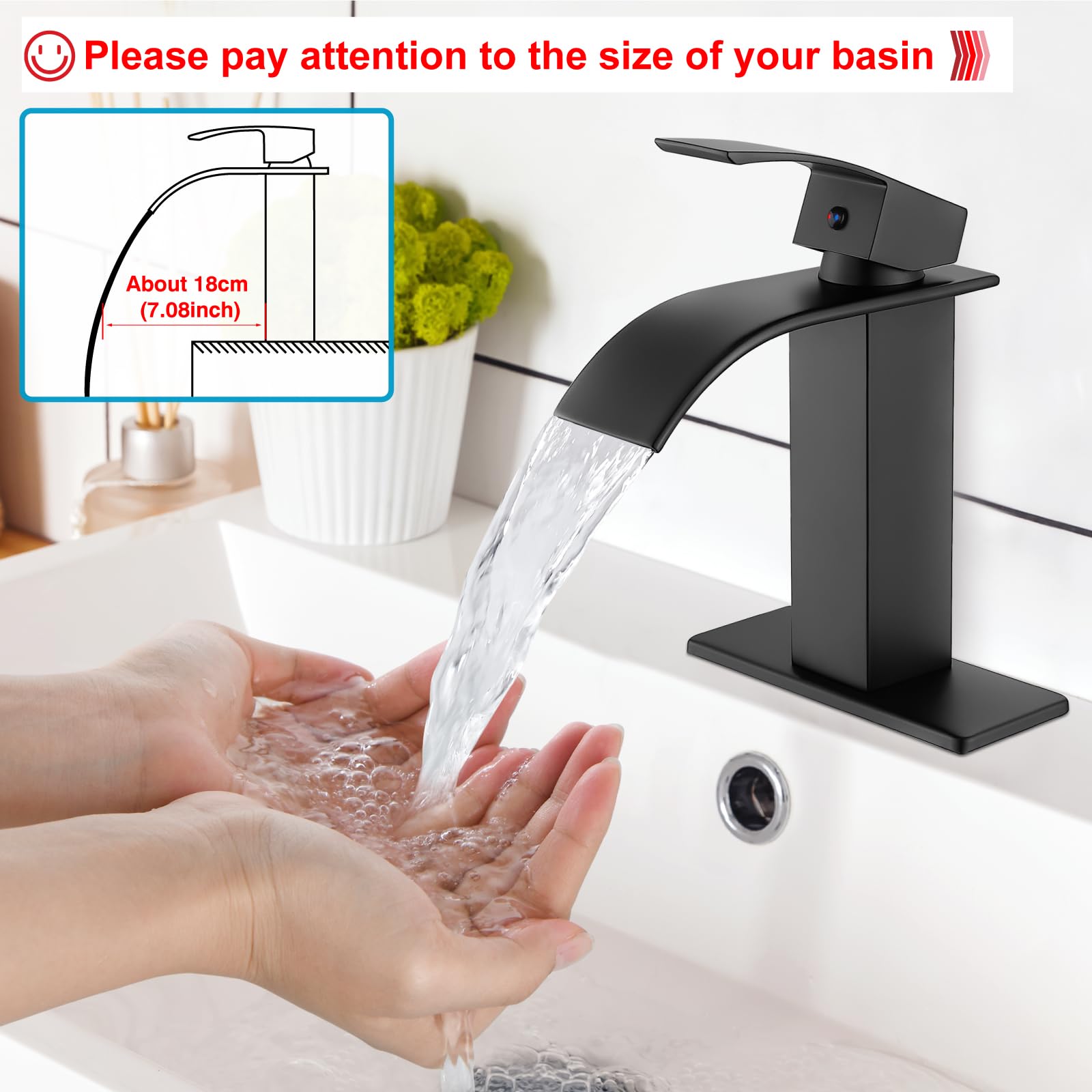 Midanya Waterfall Spout Bathroom Faucet Single Handle 1 Hole Bathroom Sink Faucet,Modern RV Lavatory Vanity Basin Faucet with 6 Inch Deck Plate for 1 or 3 Hole and Water Hose,Matte Black