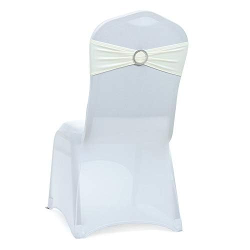 VDS - Ivory | Spandex Chair Sashes Bows | 10 PCS | Stretch Elastic Banquet Folding Chair Band with Silver Buckle Slider for Wedding Thanksgiving Halloween Christmas Party Home Decorations