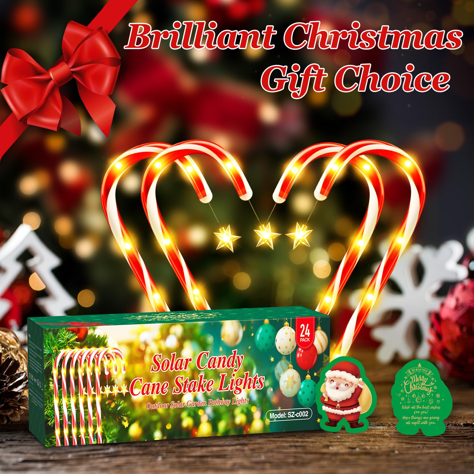 BONLION 24 Pack Christmas Lights Outdoor, 56.5ft Long Solar Candy Cane Lights 8 Modes Christmas Decorations Outside with 144 LED & Bright Star, Waterproof Yard Pathway Outdoor Christmas Decorations