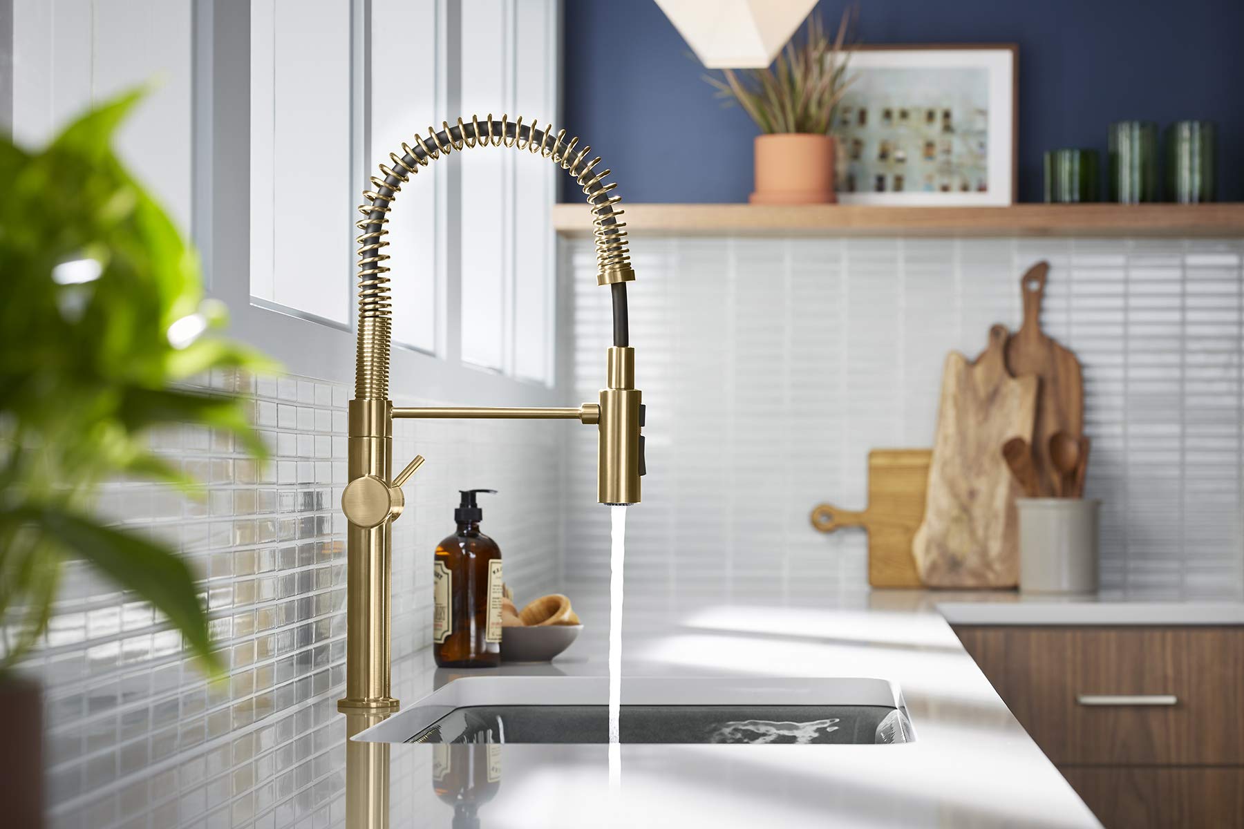KOHLER 22973-2MB Crue High-Arc Kitchen Faucet with Pull Down Spring Spout, Professional Pre-Rinse Kitchen Faucet, Commercial Faucet, Vibrant Brushed Moderne Brass