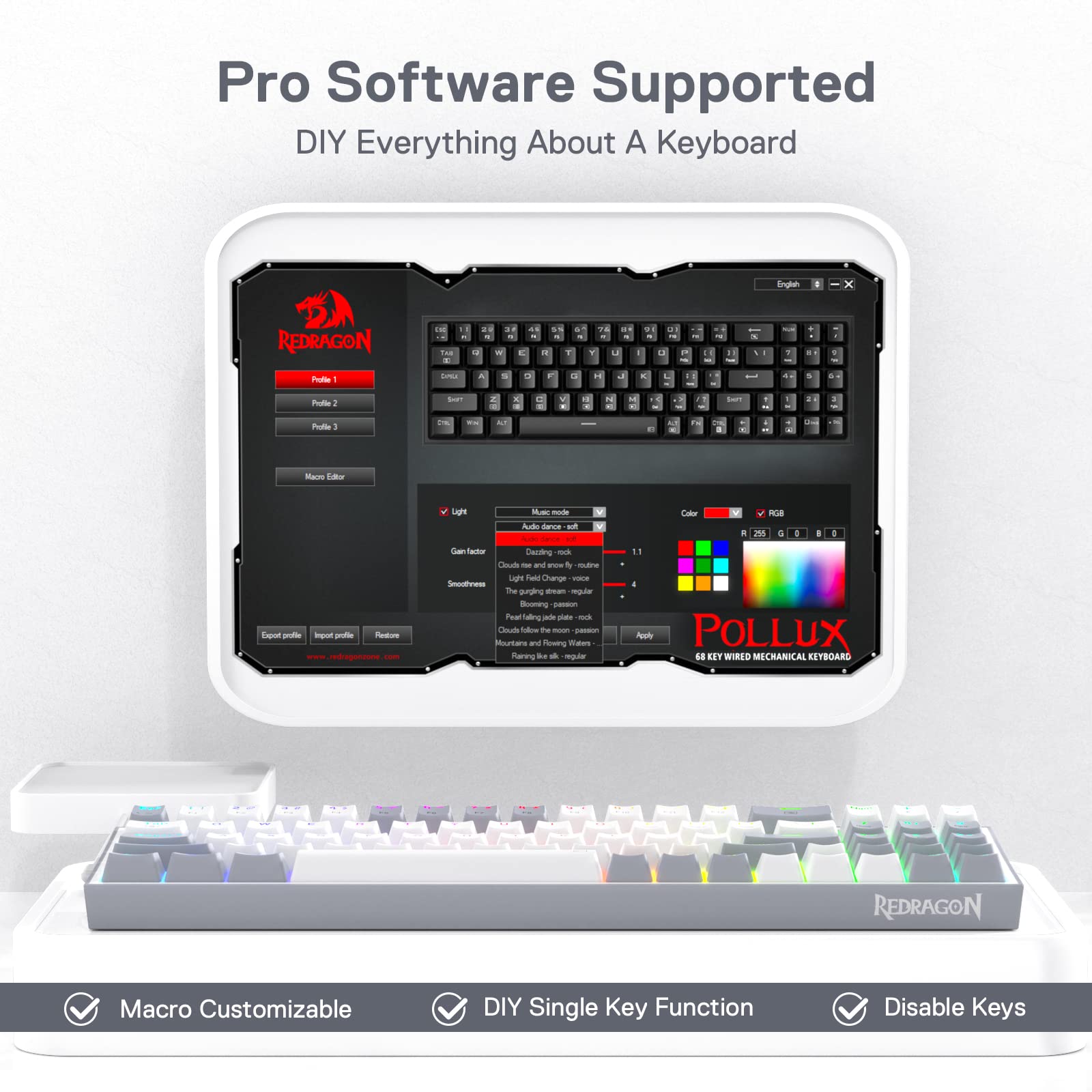 Redragon K628 Pollux 75% Wired RGB Gaming Keyboard, 78 Keys Compact Mechanical Keyboard w/100% Hot-Swap Socket, Free-Mod Plate Mounted PCB & Dedicated Arrow Keys, Quiet Red Switch