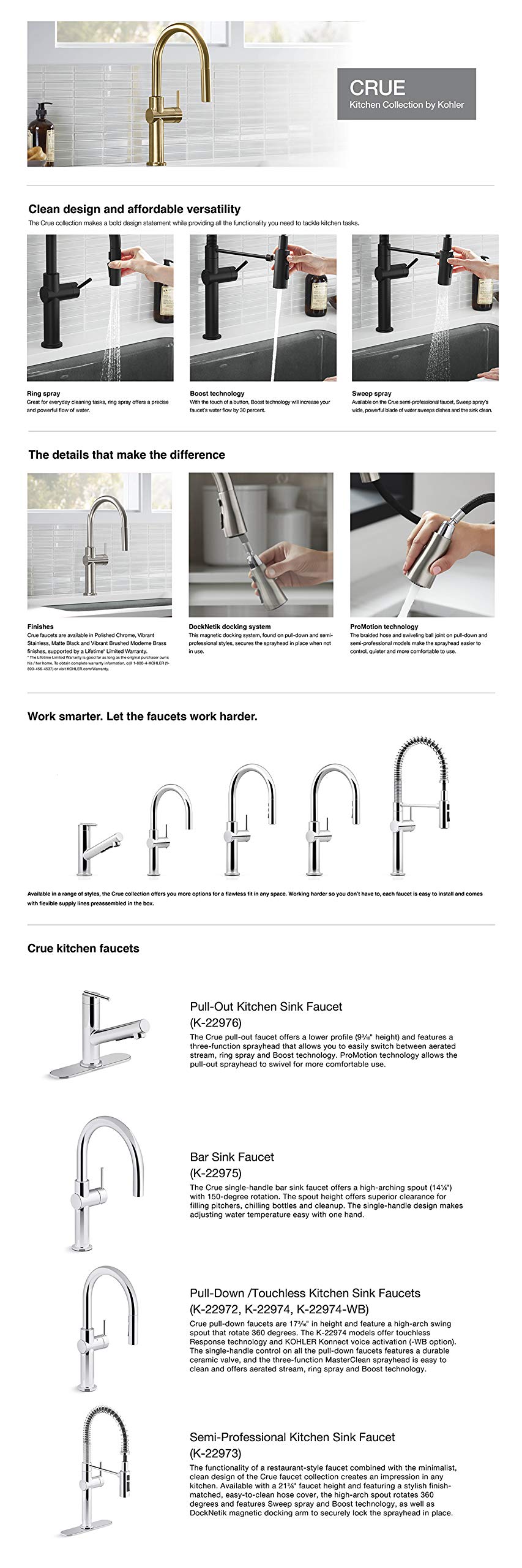 KOHLER 22973-2MB Crue High-Arc Kitchen Faucet with Pull Down Spring Spout, Professional Pre-Rinse Kitchen Faucet, Commercial Faucet, Vibrant Brushed Moderne Brass