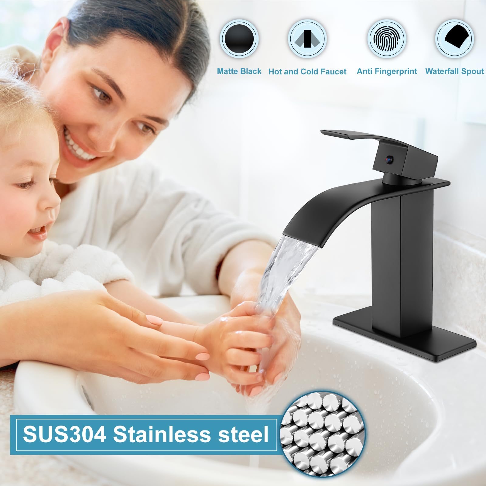Midanya Waterfall Spout Bathroom Faucet Single Handle 1 Hole Bathroom Sink Faucet,Modern RV Lavatory Vanity Basin Faucet with 6 Inch Deck Plate for 1 or 3 Hole and Water Hose,Matte Black