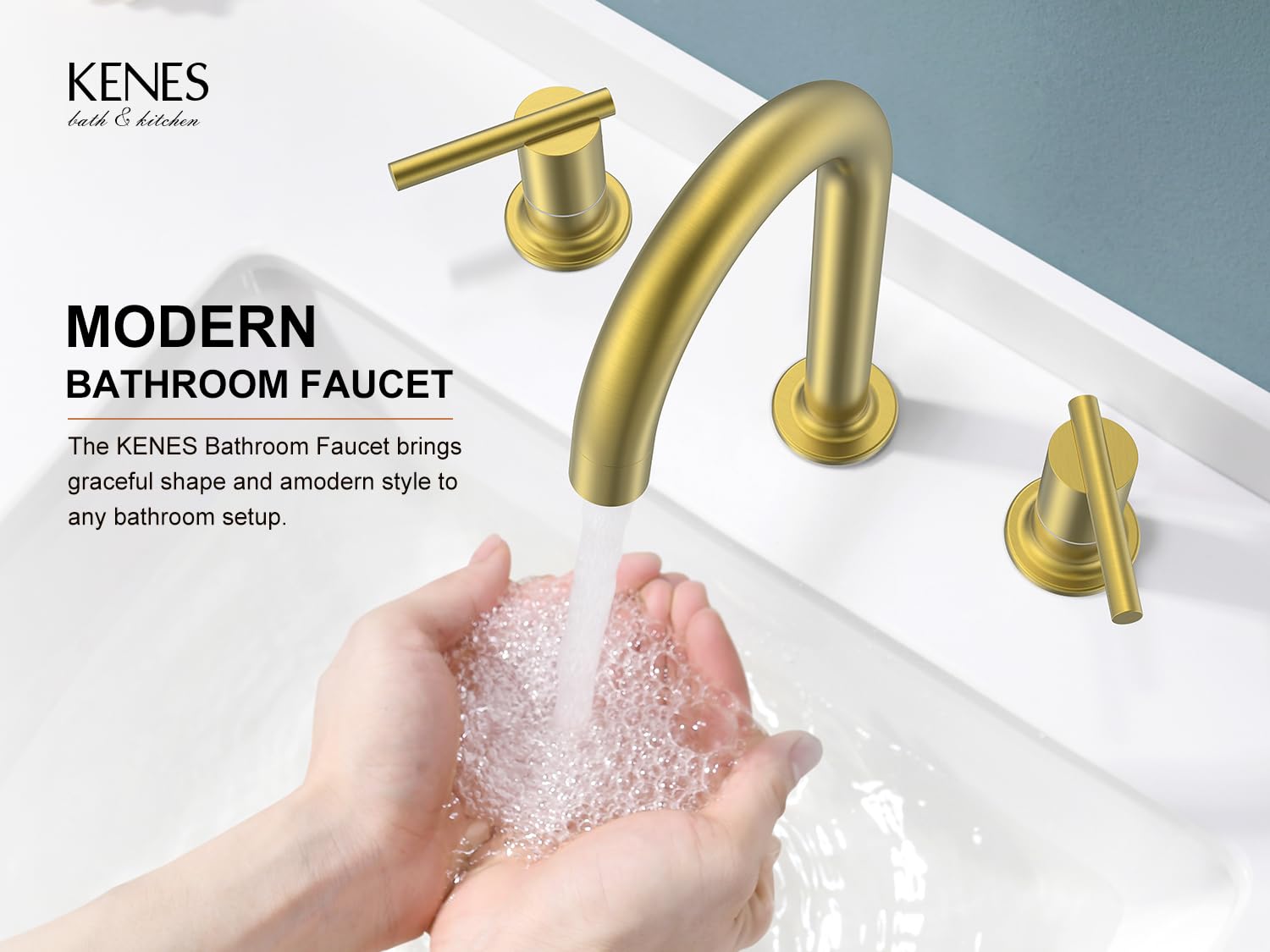 KENES Brushed Gold Two Handle 8 Inch Widespread Bathroom Sink Faucet, Gold High Arc Lavatory Vanity Sink Faucet 3 Hole with Pop Up Drain & Water Supply Hoses LJ-9018-4
