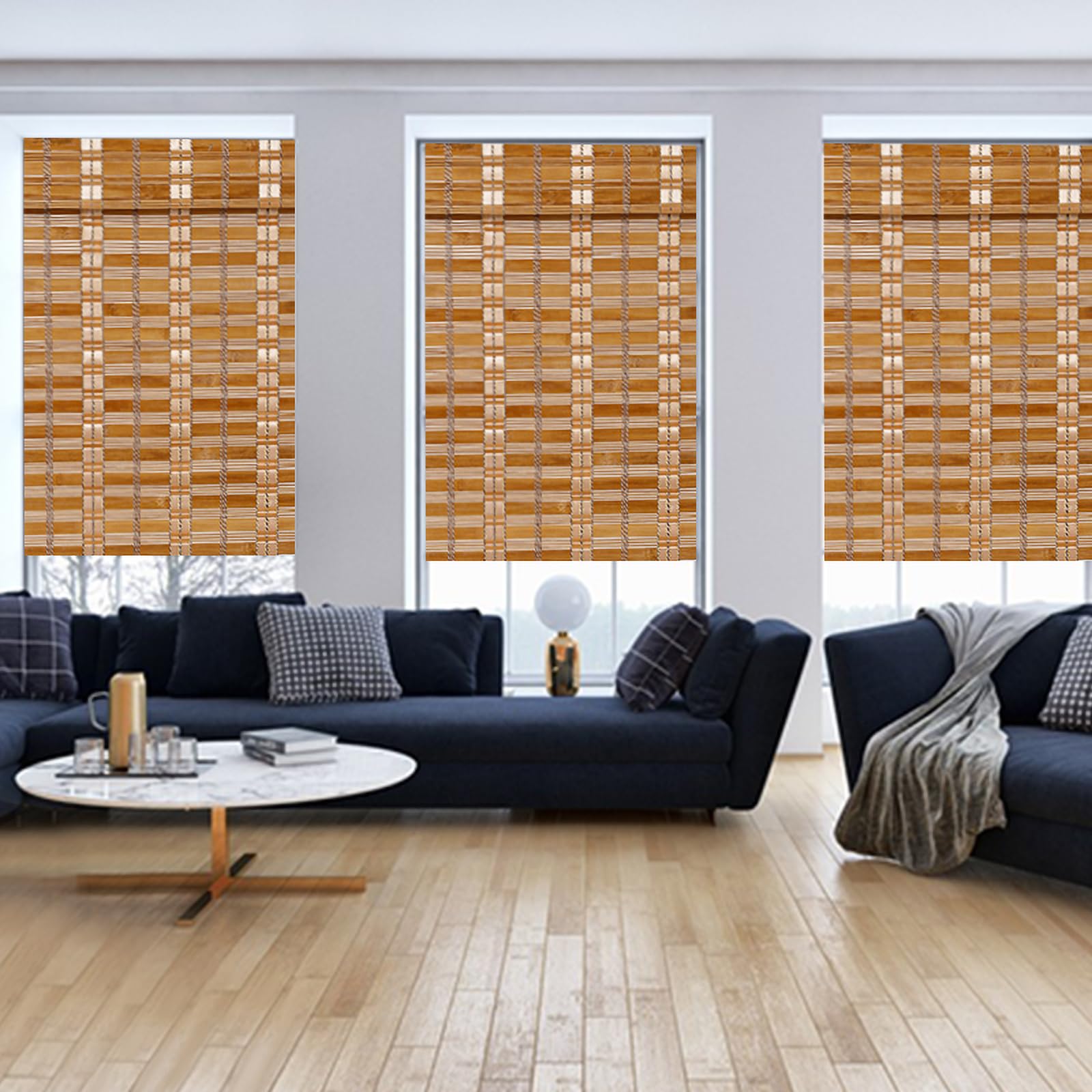 THY COLLECTIBLES Cordless Bamboo Roman Window Blind Sun Shade, Light Filtering Roman Shades with 8" Valance (Camel, W44 X L64)