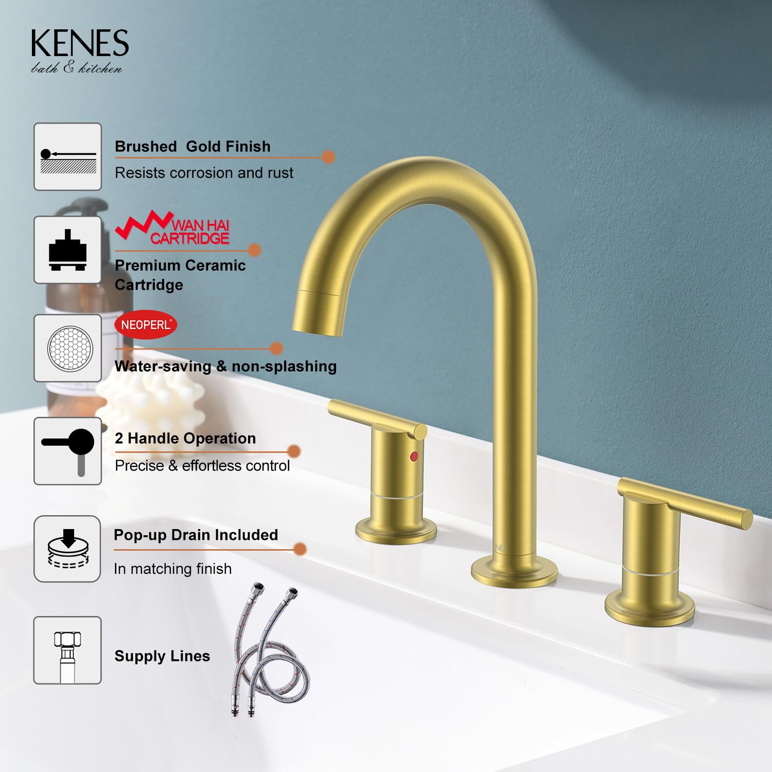 KENES Brushed Gold Two Handle 8 Inch Widespread Bathroom Sink Faucet, Gold High Arc Lavatory Vanity Sink Faucet 3 Hole with Pop Up Drain & Water Supply Hoses LJ-9018-4