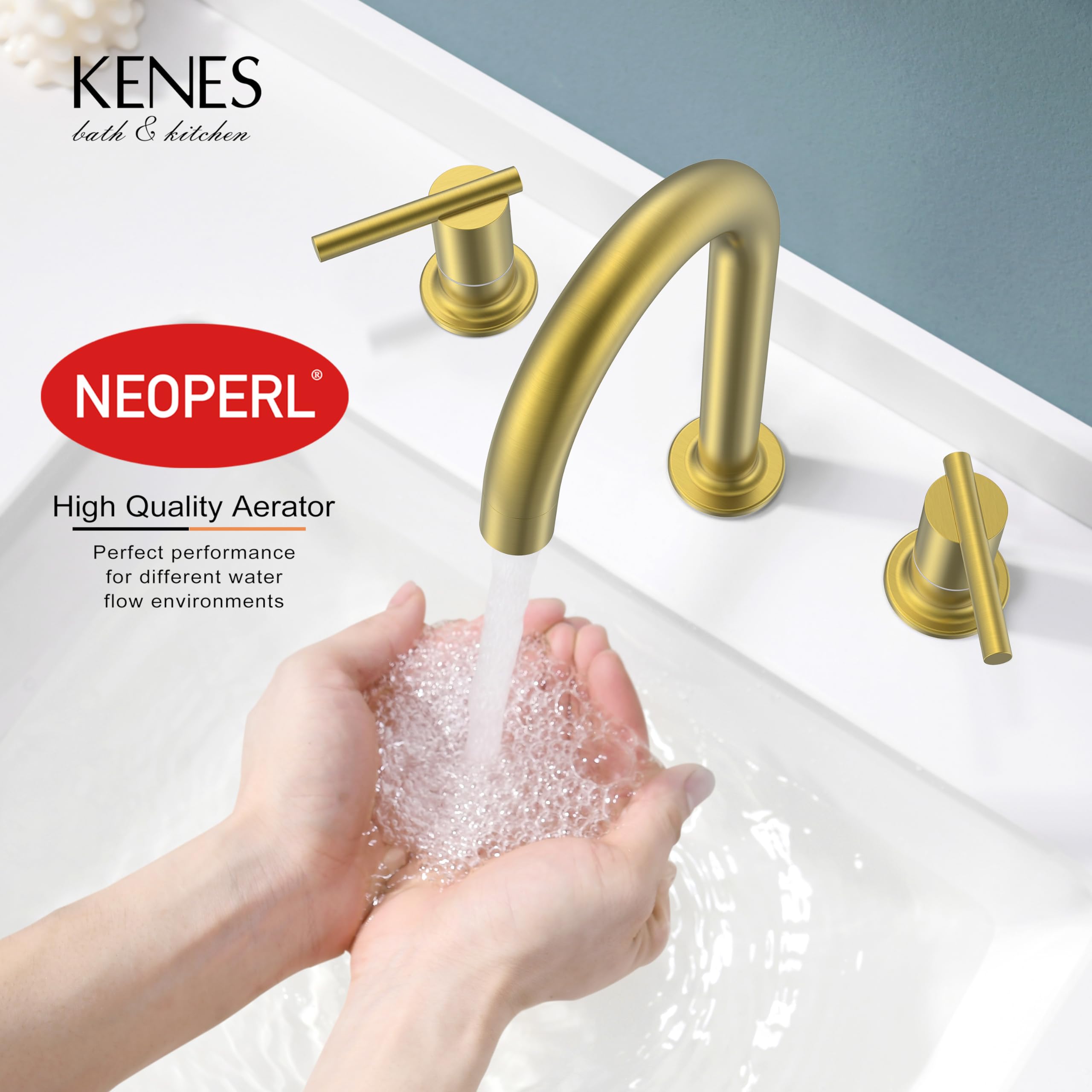 KENES Brushed Gold Two Handle 8 Inch Widespread Bathroom Sink Faucet, Gold High Arc Lavatory Vanity Sink Faucet 3 Hole with Pop Up Drain & Water Supply Hoses LJ-9018-4