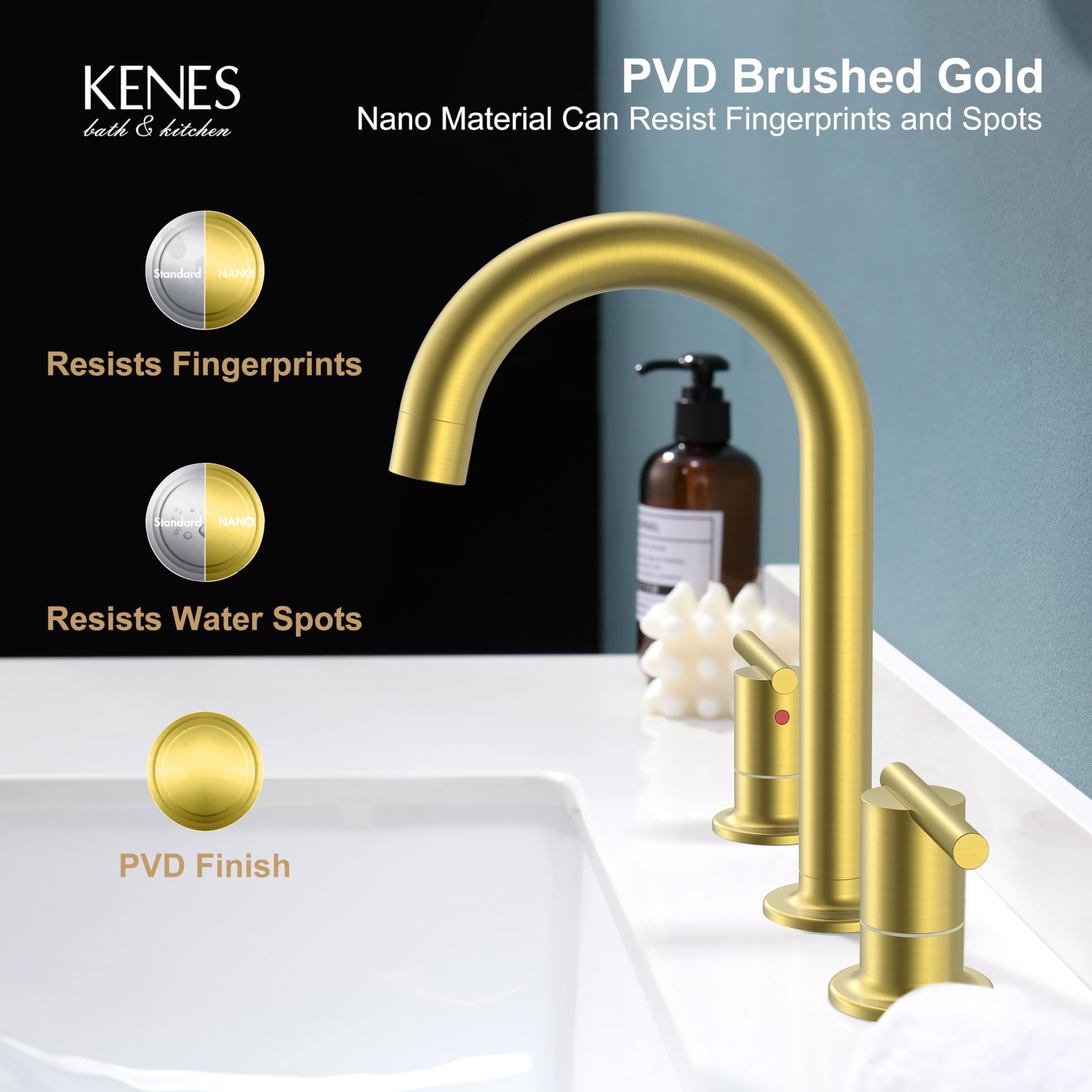 KENES Brushed Gold Two Handle 8 Inch Widespread Bathroom Sink Faucet, Gold High Arc Lavatory Vanity Sink Faucet 3 Hole with Pop Up Drain & Water Supply Hoses LJ-9018-4