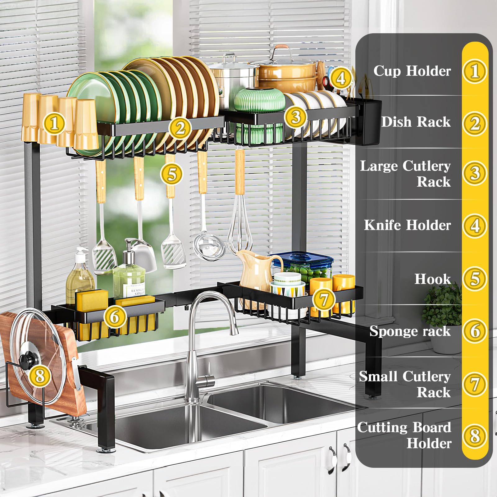 ARSTPEOE Four Baskets (one More Than Others) Over The Sink Dish Drying Rack,fits All Sinks (from 24.8" to 35.4"),2-Tier Adjustable Sink Rack,Dishes Rack Kitchen Storage Organizer Space