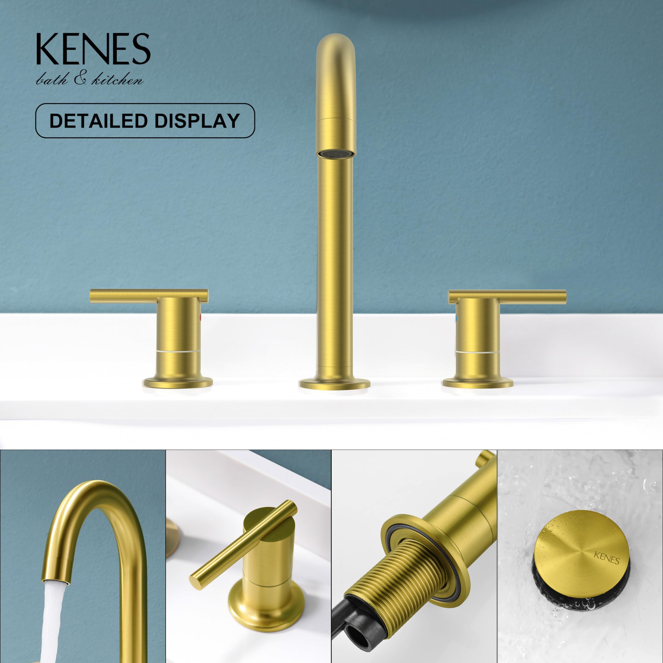 KENES Brushed Gold Two Handle 8 Inch Widespread Bathroom Sink Faucet, Gold High Arc Lavatory Vanity Sink Faucet 3 Hole with Pop Up Drain & Water Supply Hoses LJ-9018-4