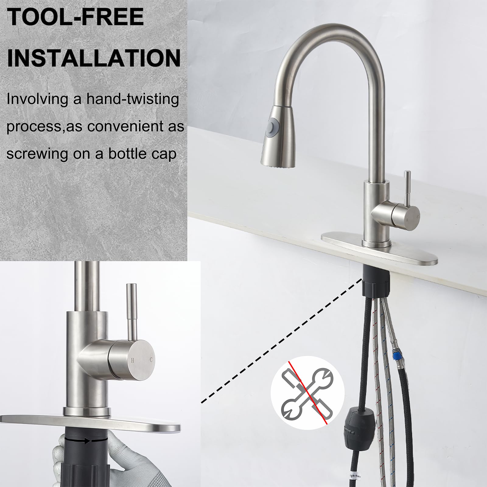Friho Brushed Nickel Kitchen Faucet with Pull Down Sprayer, Modern Single Handle Stainless Steel Pull Out Spring Kitchen Sink Faucets with Deck Plate for Camper Rv Bar