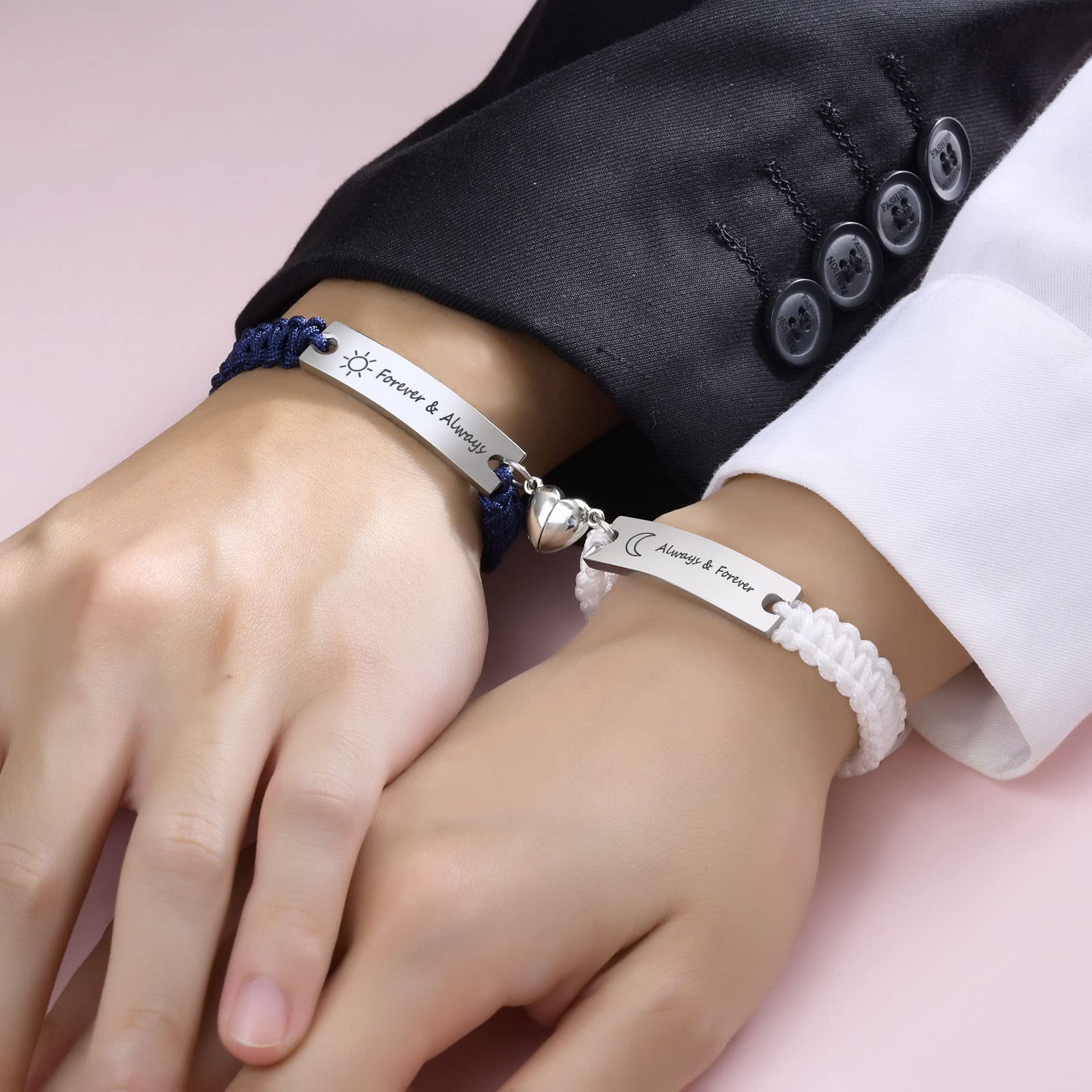 MEALGUET Always & Forever Bracelet Gift for Couples, Handmade Rope Braided Mutual Attraction Bracelets for Lovers, Stainless Steel His and Hers ID Bracelets Matching,One for her, One for him