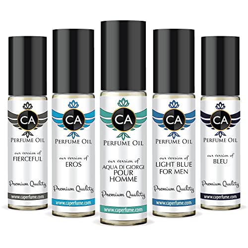 CA Perfume 2020 Top 5 Men Perfume Set Impression of (Light Blue + Eros + Aqua Di Giorgi + Bleu + Fierceful) Fragrance Body Oils Essential Sample Travel Size Roll-On (0.3 Fl Oz/10 ml) x 5
