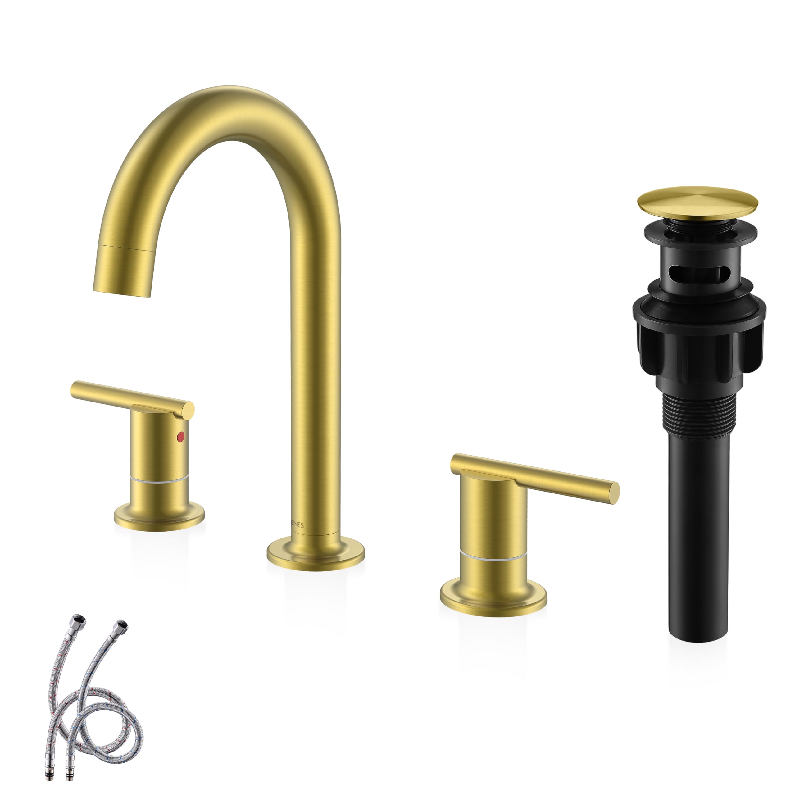 KENES Brushed Gold Two Handle 8 Inch Widespread Bathroom Sink Faucet, Gold High Arc Lavatory Vanity Sink Faucet 3 Hole with Pop Up Drain & Water Supply Hoses LJ-9018-4