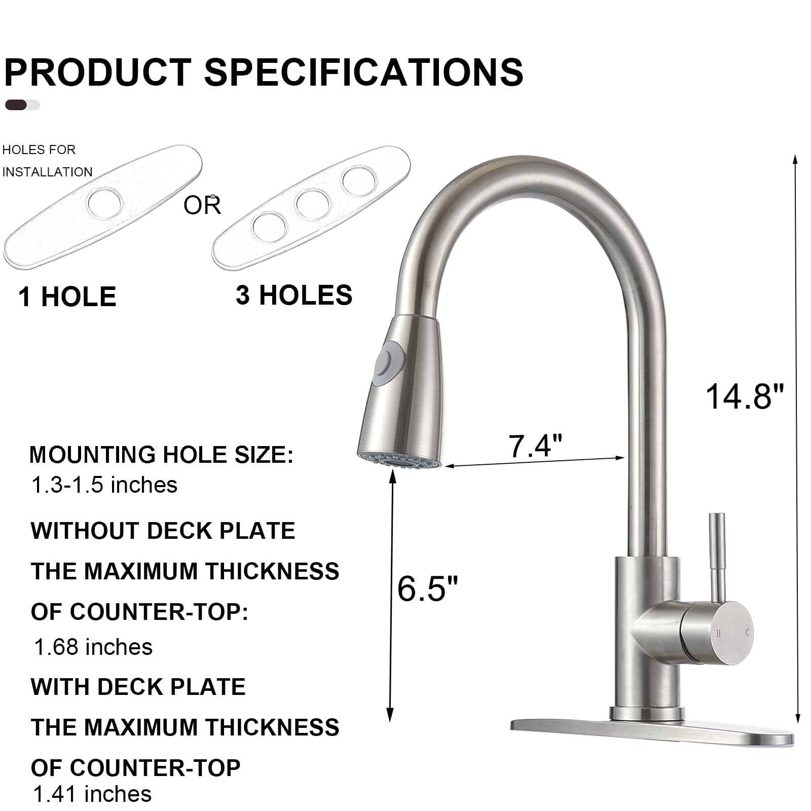 Friho Brushed Nickel Kitchen Faucet with Pull Down Sprayer, Modern Single Handle Stainless Steel Pull Out Spring Kitchen Sink Faucets with Deck Plate for Camper Rv Bar