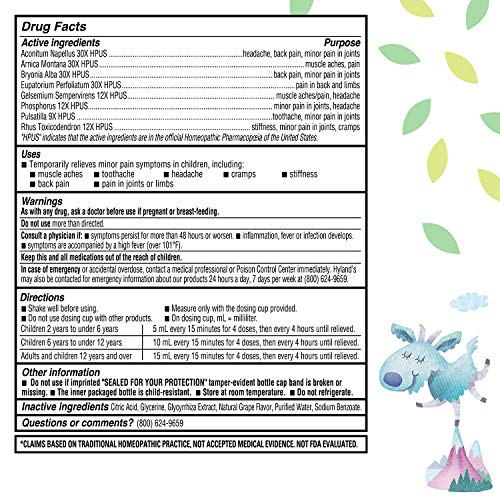 Hyland's Kids Natural Pain Relief Relieves Muscle Aches Headache Minor Joint Pain and Toothache Grape Flavor, 4 Fl Oz