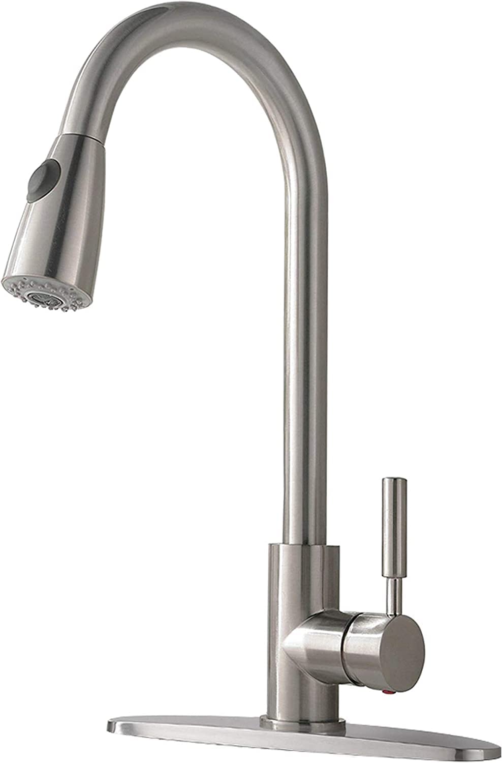Friho Brushed Nickel Kitchen Faucet with Pull Down Sprayer, Modern Single Handle Stainless Steel Pull Out Spring Kitchen Sink Faucets with Deck Plate for Camper Rv Bar