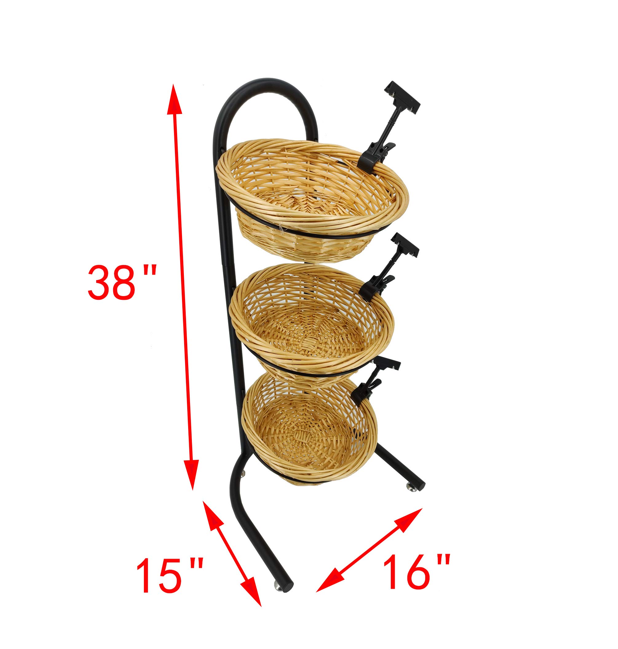 FixtureDisplays 3 Tier Wicker Basket Metal Stand with Sign Clips, Market Basket Storage Organizer 19425