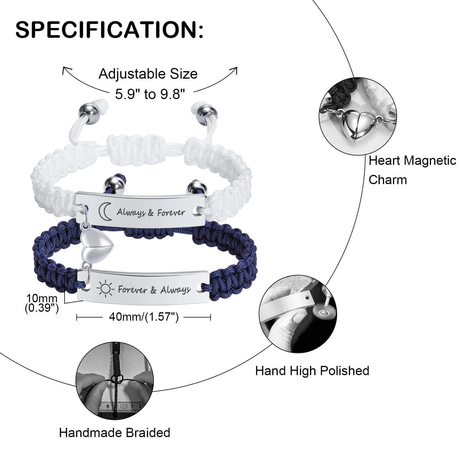MEALGUET Always & Forever Bracelet Gift for Couples, Handmade Rope Braided Mutual Attraction Bracelets for Lovers, Stainless Steel His and Hers ID Bracelets Matching,One for her, One for him