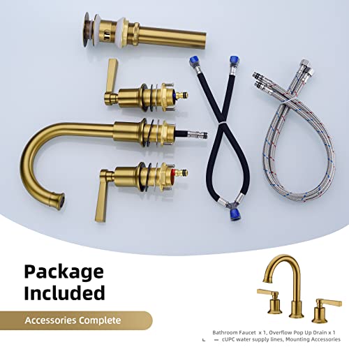 TRUSTMI 2 Handle 8 Inch Widespread Bathroom Faucet Brass Lavatory Vanity Sink Faucet with Metal Overflow Pop Up Drain and cUPC Water Supply Lines, Brushed Brass Gold