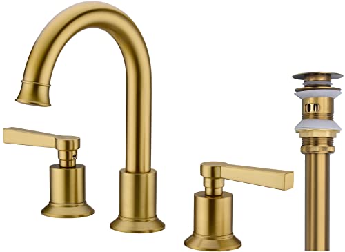 TRUSTMI 2 Handle 8 Inch Widespread Bathroom Faucet Brass Lavatory Vanity Sink Faucet with Metal Overflow Pop Up Drain and cUPC Water Supply Lines, Brushed Brass Gold