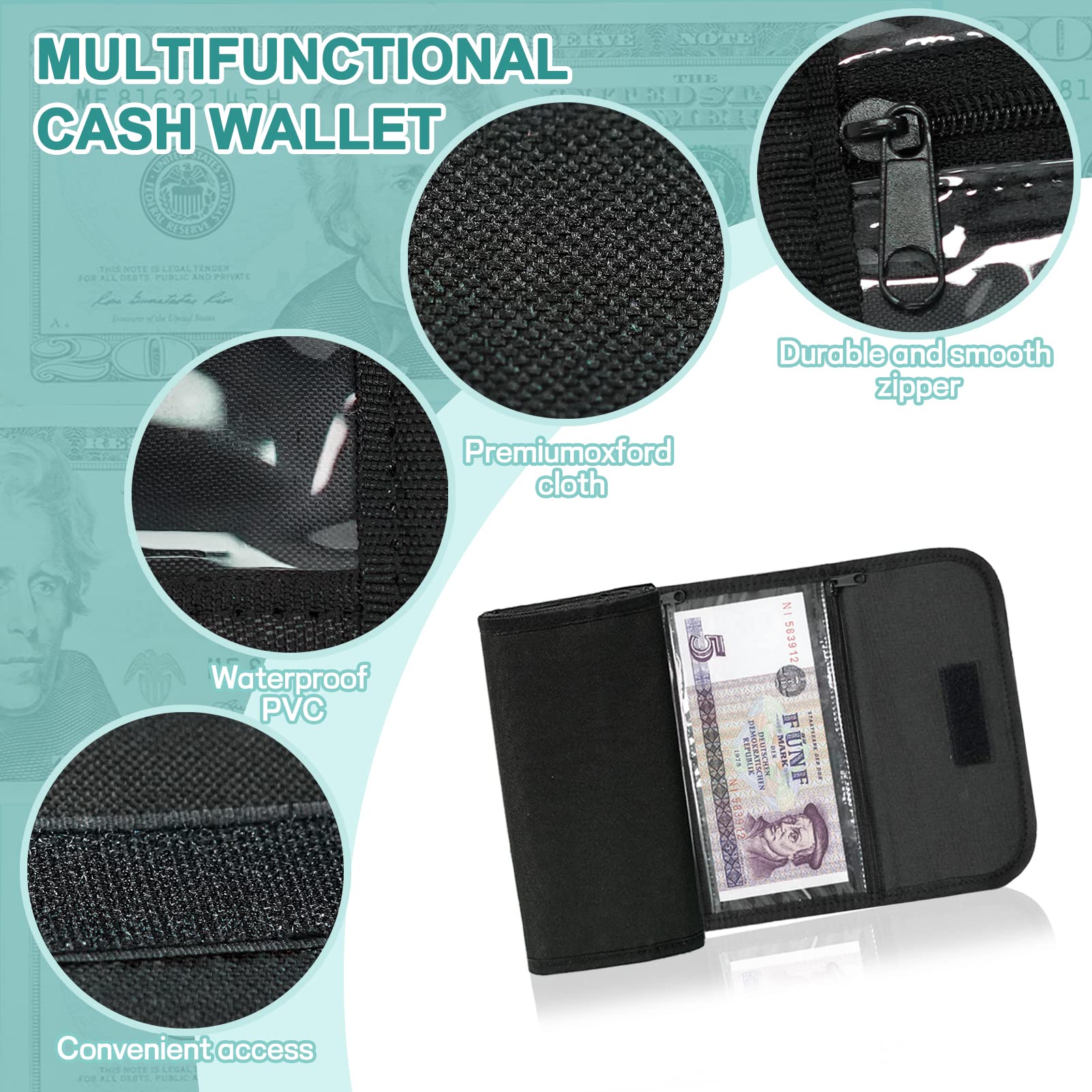 DSVENROLY Money Organizer Cash Wallet with 10 Zipper Slots Money Holder Budget Wallet, Discreet Money Bag for Receipts Coupons Tips (1Pc, Black)