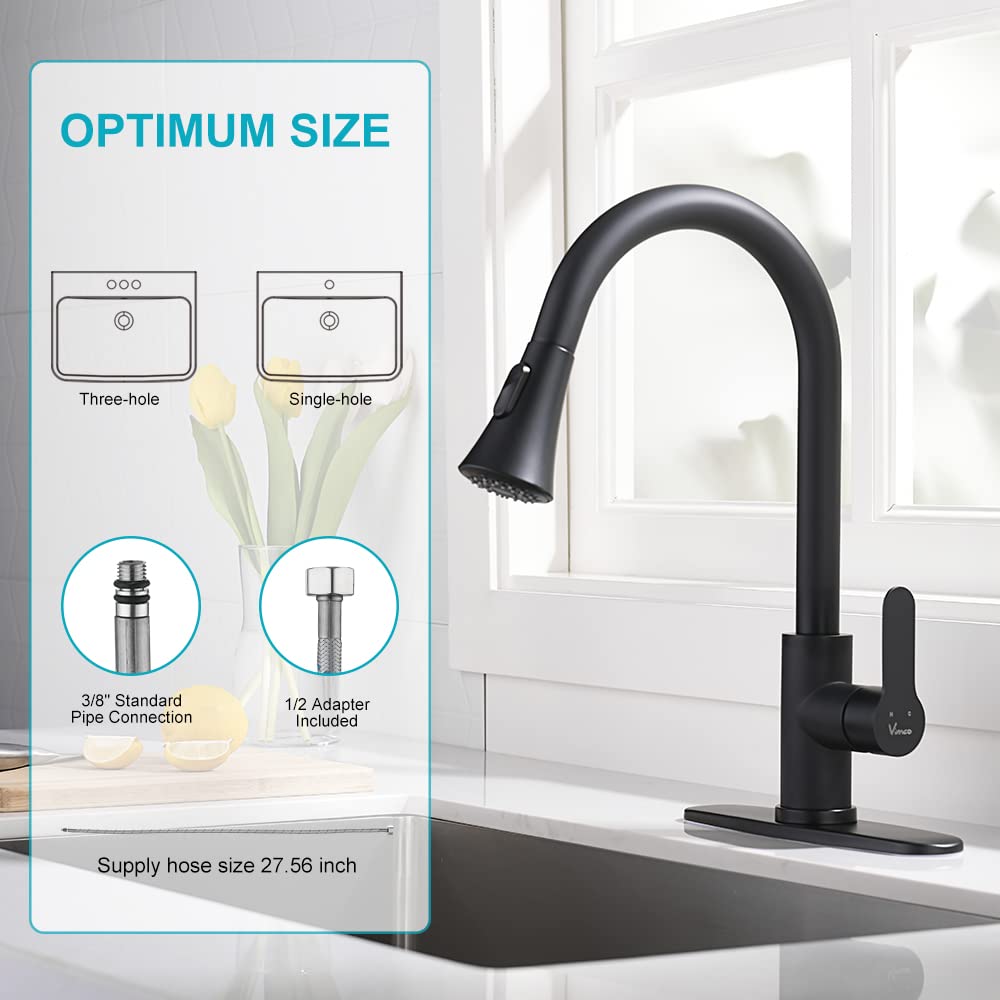 Vimco Kitchen Faucet with Pull Down Sprayer, Single Handle High Arc Faucet 1&3 Hole with Deck Plate, Kitchen Sink Faucet with Sprayer 1.8 GPM, Matte Black