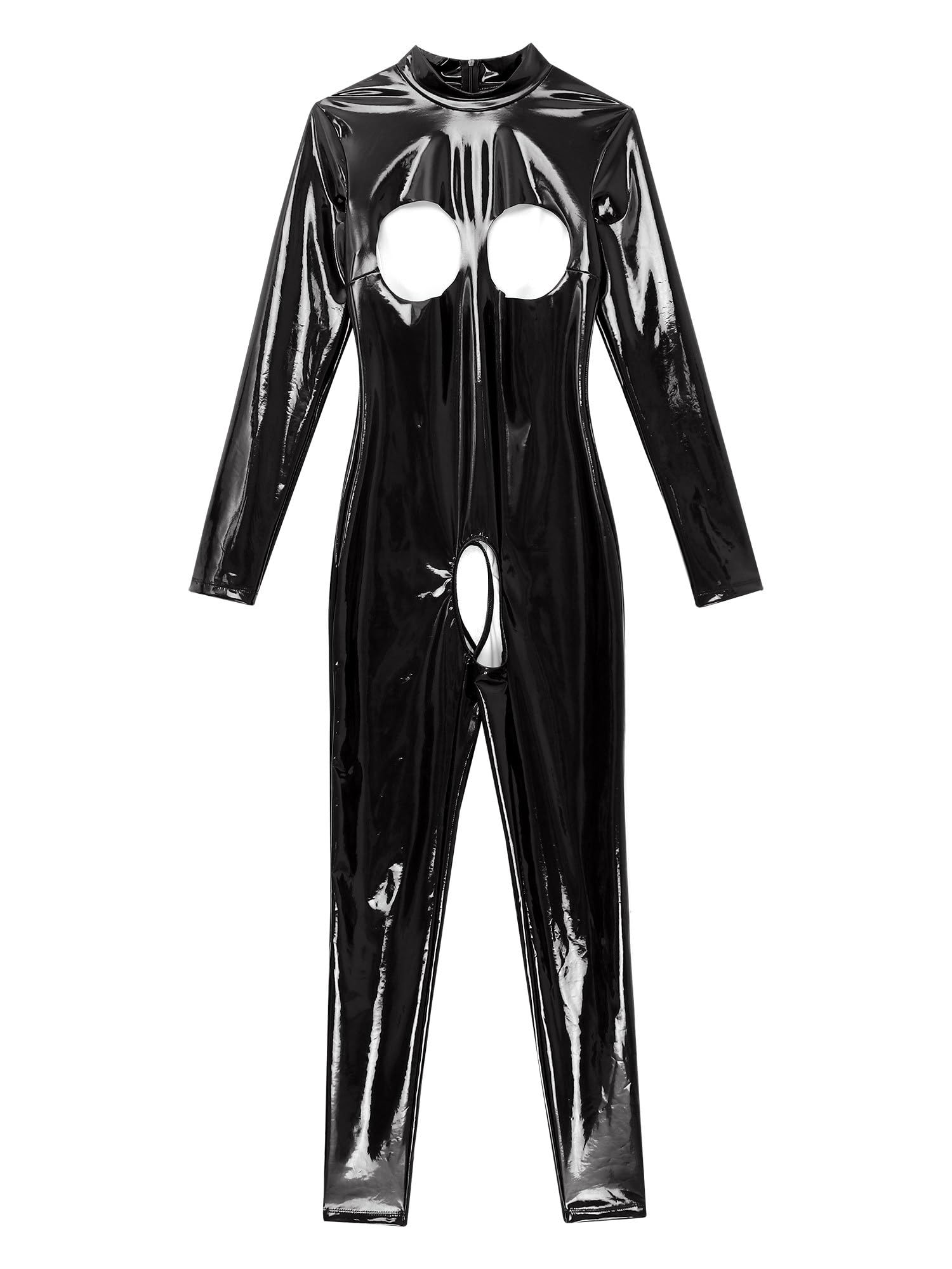 ACSUSS Womens Hollow Out Crotchless Jumpsuit Open Chest Long Sleeve Mock Neck Patent Leather Bodysuit Black Medium
