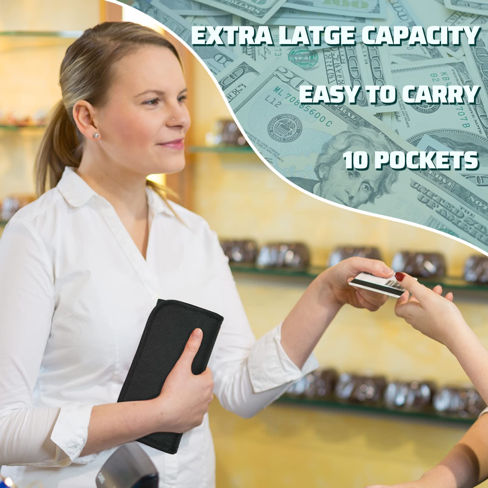 DSVENROLY Money Organizer Cash Wallet with 10 Zipper Slots Money Holder Budget Wallet, Discreet Money Bag for Receipts Coupons Tips (1Pc, Black)