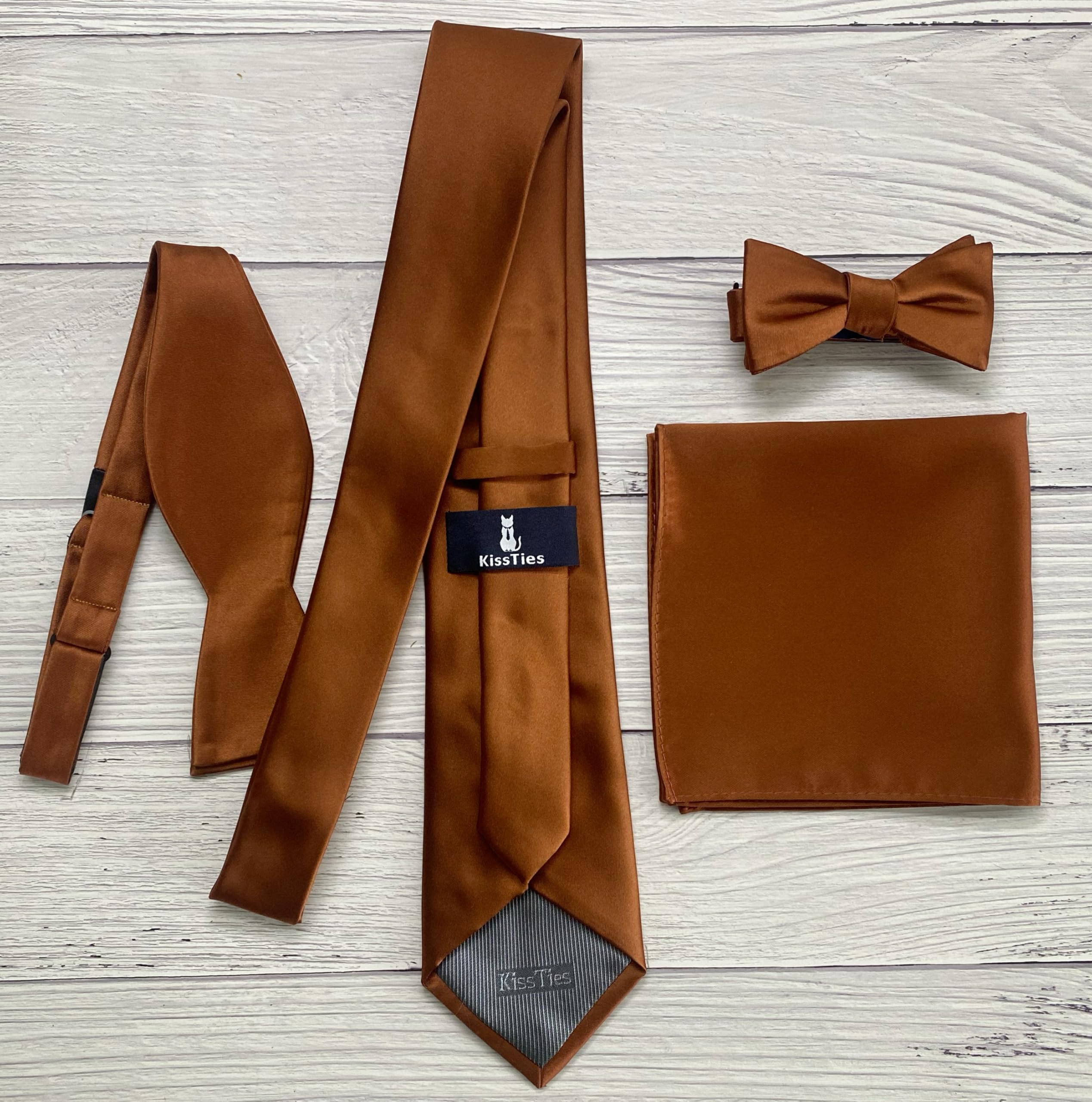 KissTies Mens Rust Tie Burnt Orange Satin Necktie Wedding Ties + Gift Box