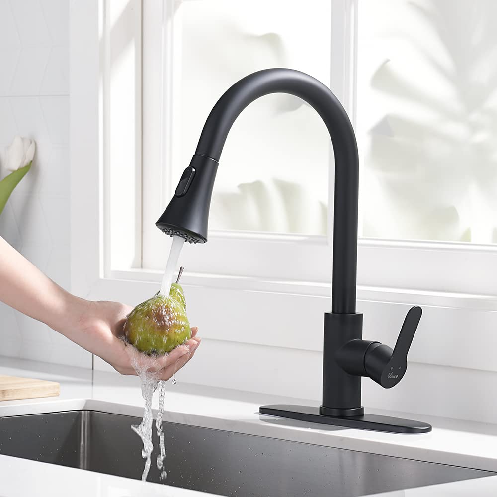 Vimco Kitchen Faucet with Pull Down Sprayer, Single Handle High Arc Faucet 1&3 Hole with Deck Plate, Kitchen Sink Faucet with Sprayer 1.8 GPM, Matte Black
