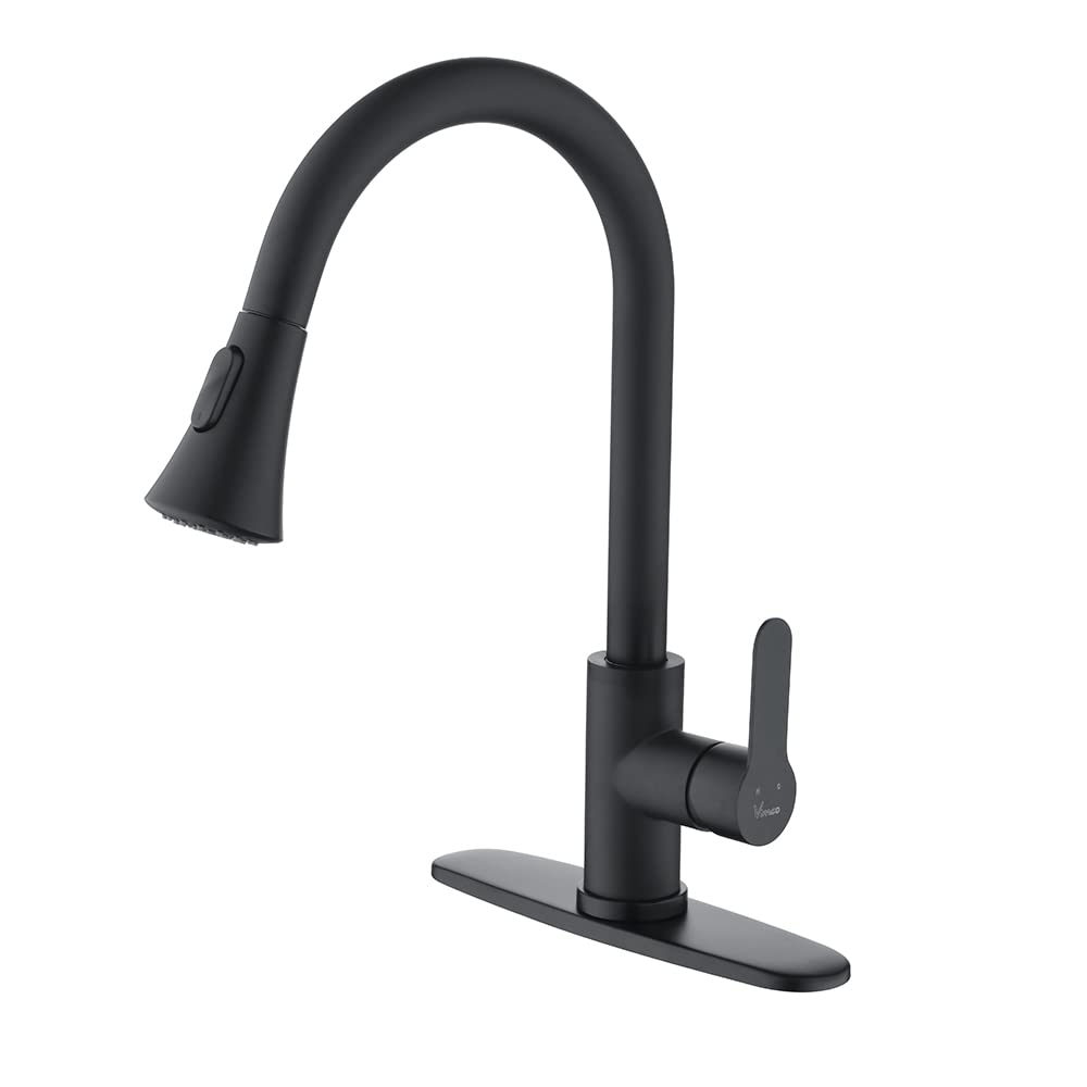 Vimco Kitchen Faucet with Pull Down Sprayer, Single Handle High Arc Faucet 1&3 Hole with Deck Plate, Kitchen Sink Faucet with Sprayer 1.8 GPM, Matte Black