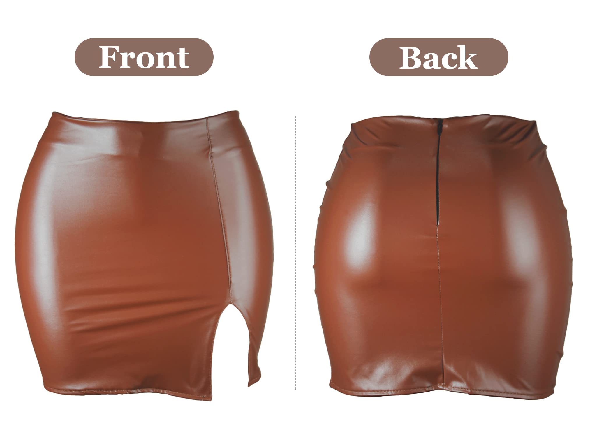 FEOYA Women Mini Faux Leather Skirt Zip Closure High Waisted Shape Vinyl Bodycon Latex Skirt Brown, Small