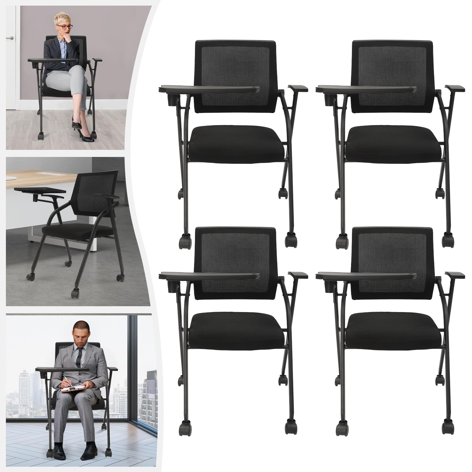 LOHISHILO 4pcs Mesh Guest Reception Stack Chair Tablet Arm Chair with Caster Arms for Office Conference, Reception, Training Room Chair, Schools, Meeting Rooms, Step Classrooms, Churches, Homes