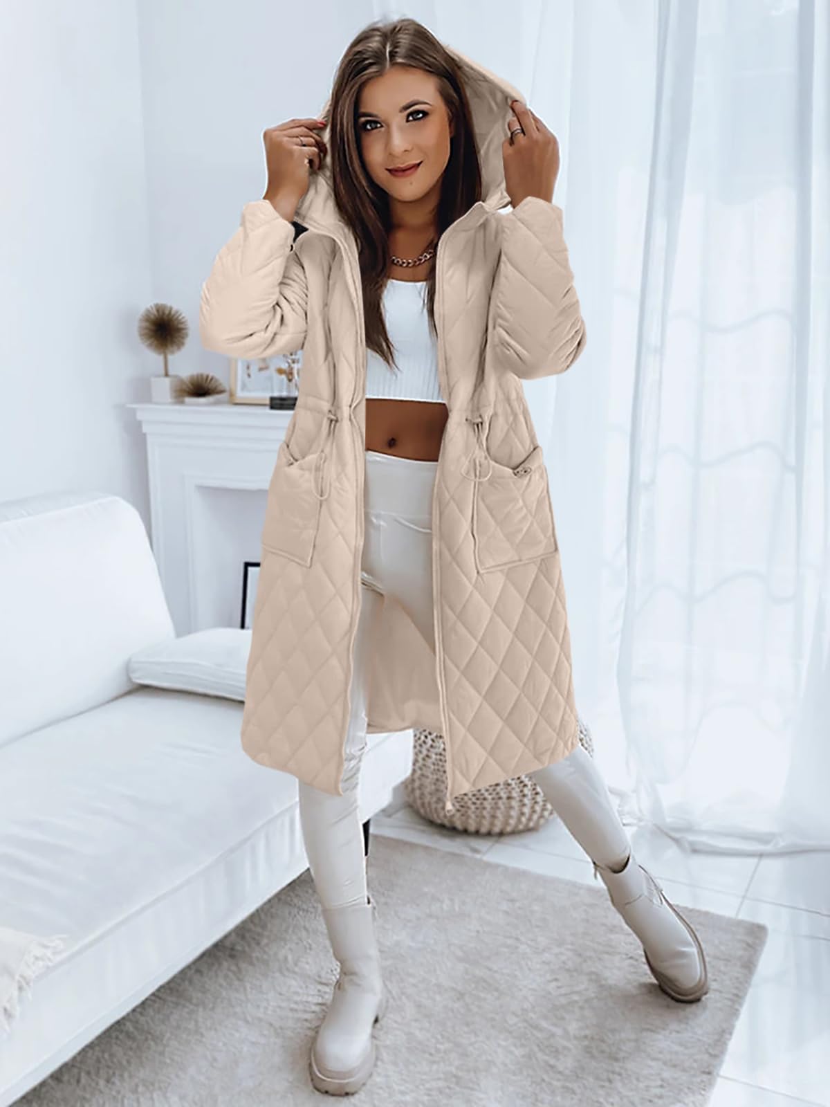Imily Bela Womens Long Quilted Jackets Zip Up Hooded Drawstring Waist Coats with Pockets