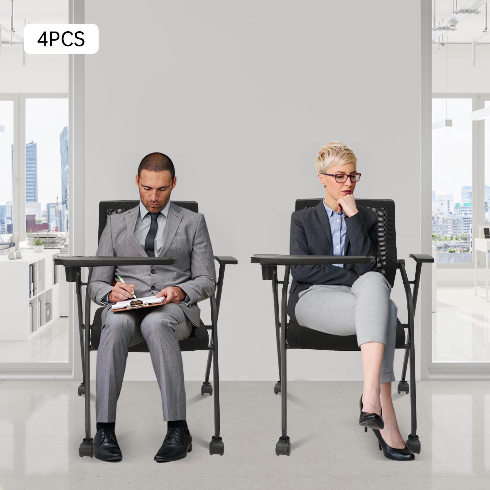 LOHISHILO 4pcs Mesh Guest Reception Stack Chair Tablet Arm Chair with Caster Arms for Office Conference, Reception, Training Room Chair, Schools, Meeting Rooms, Step Classrooms, Churches, Homes