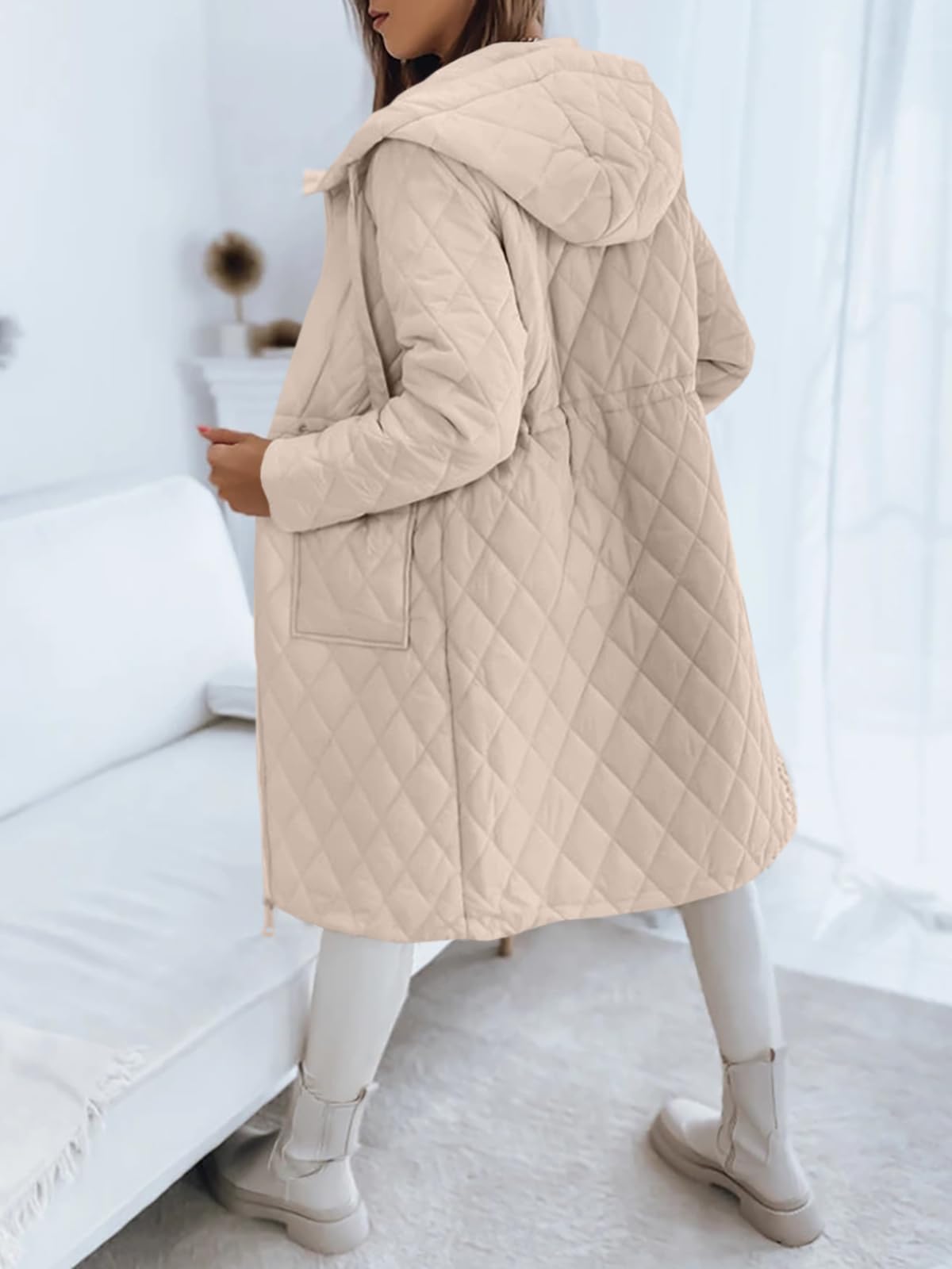Imily Bela Womens Long Quilted Jackets Zip Up Hooded Drawstring Waist Coats with Pockets