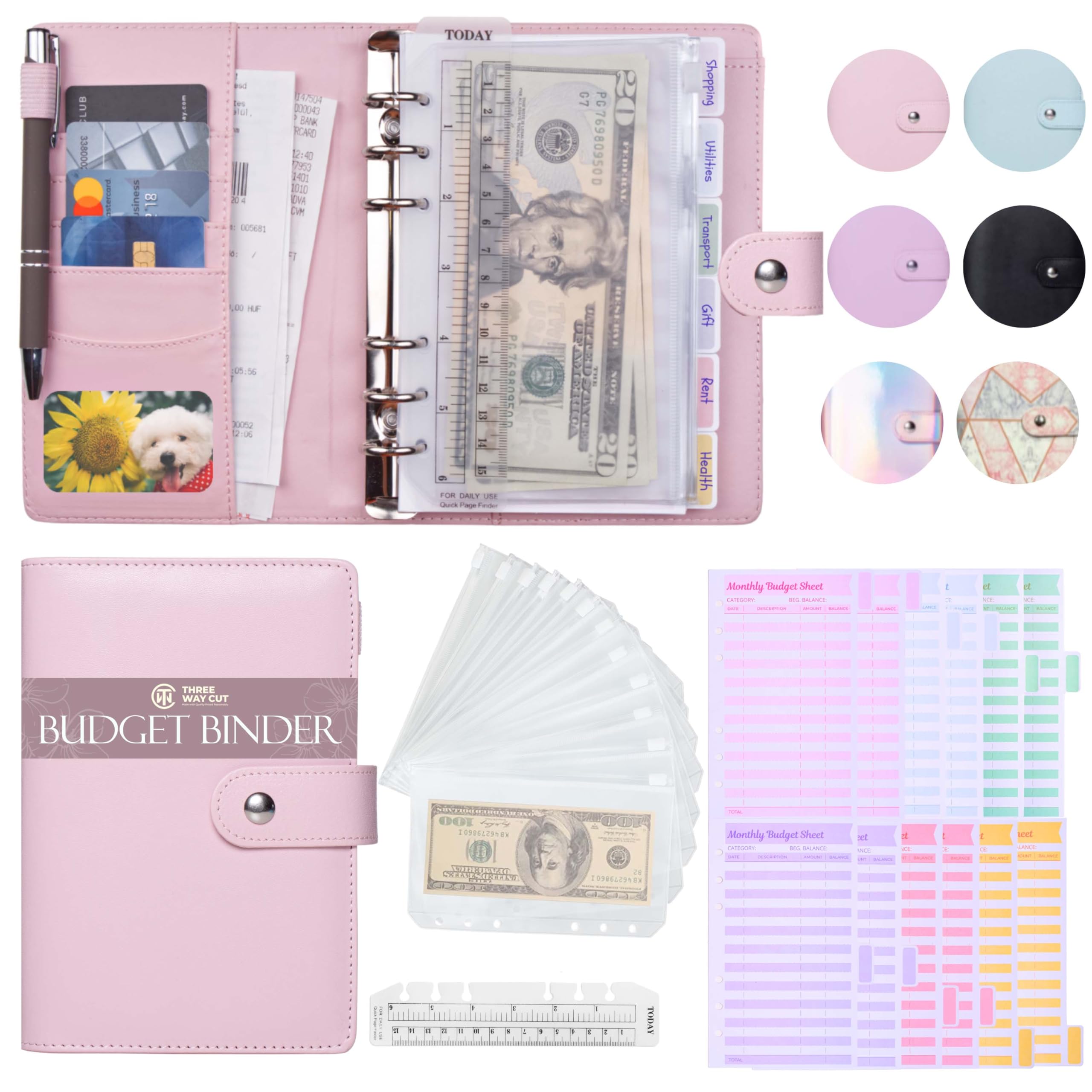 Budget Binder Cash Envelope System - A6 Pink Leather Binder with 6 Rings, 12 Clear Cash Envelopes 12 Budget Sheets Complete Money Organizer Set Money Planner, Expense Tracker, Saving & Budgeting Set