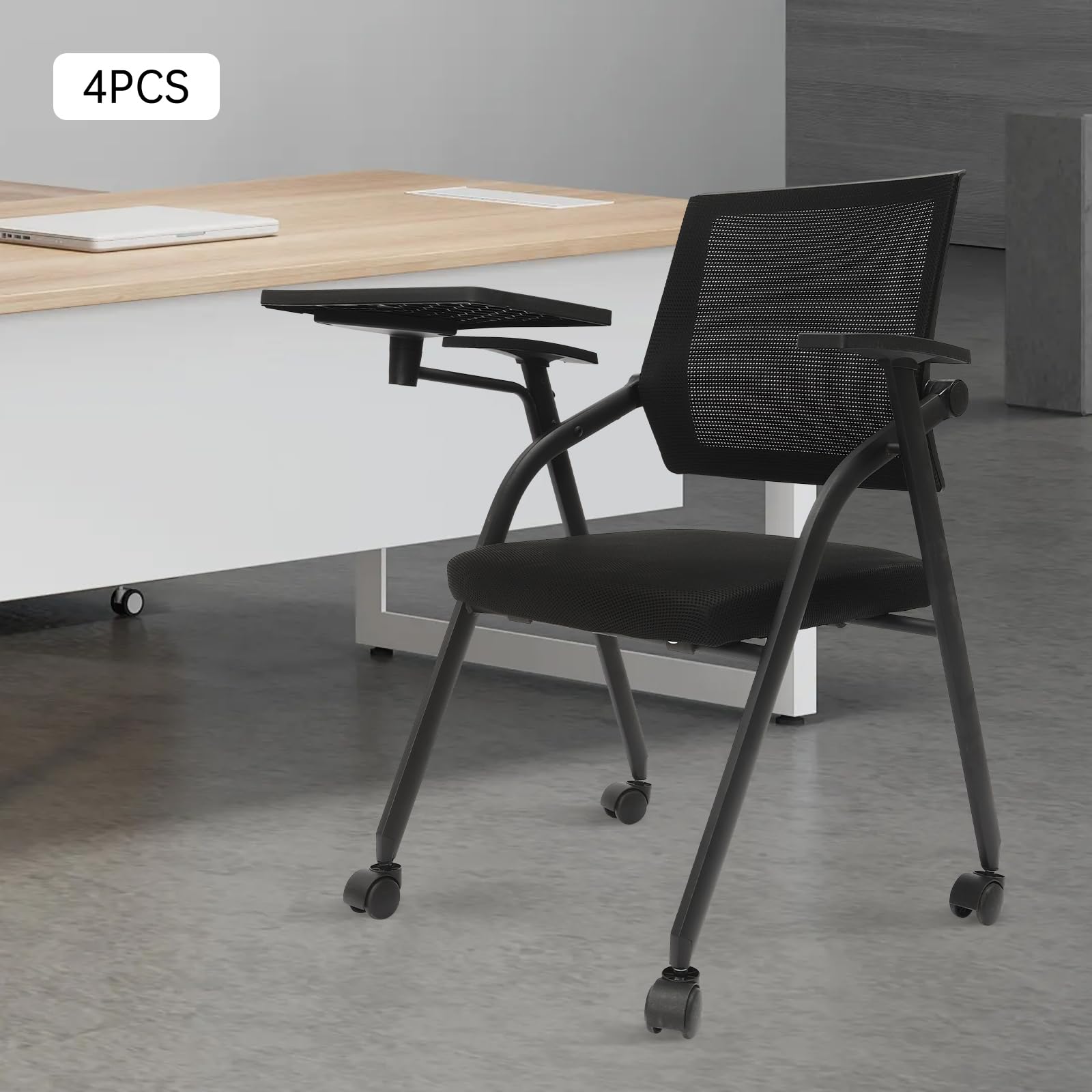 LOHISHILO 4pcs Mesh Guest Reception Stack Chair Tablet Arm Chair with Caster Arms for Office Conference, Reception, Training Room Chair, Schools, Meeting Rooms, Step Classrooms, Churches, Homes