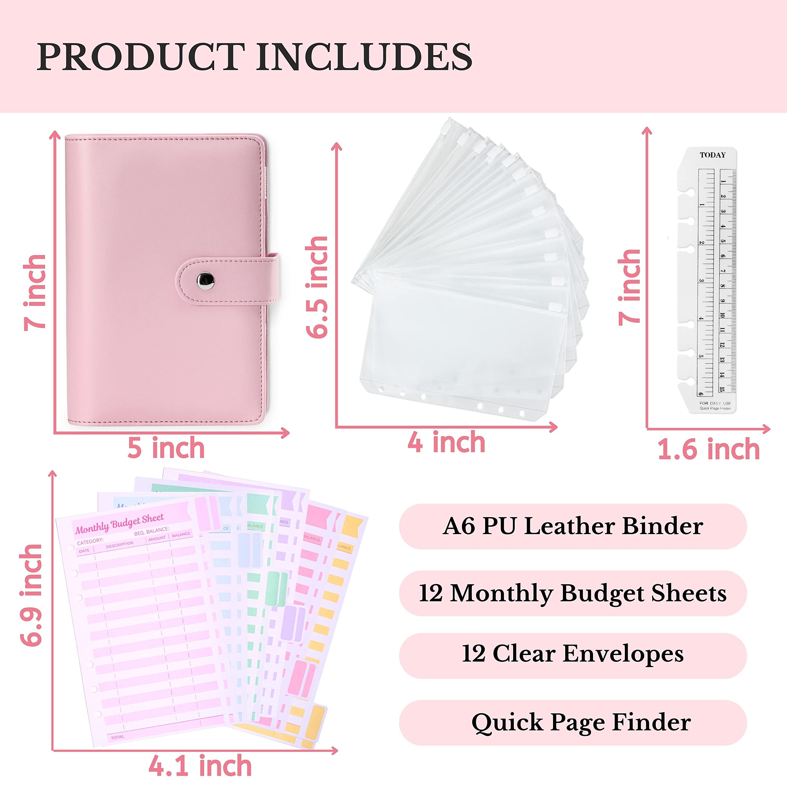Budget Binder Cash Envelope System - A6 Pink Leather Binder with 6 Rings, 12 Clear Cash Envelopes 12 Budget Sheets Complete Money Organizer Set Money Planner, Expense Tracker, Saving & Budgeting Set