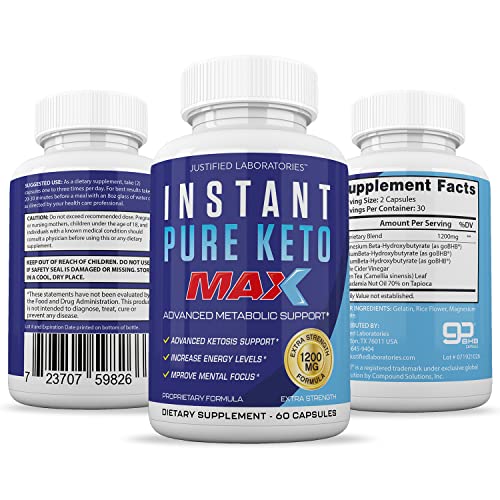 Instant Pure Keto Pills Max 1200MG Keto Pills Advanced BHB Ketogenic Supplement Exogenous Ketones Ketosis for Men Women 60 Capsules 1 Bottle